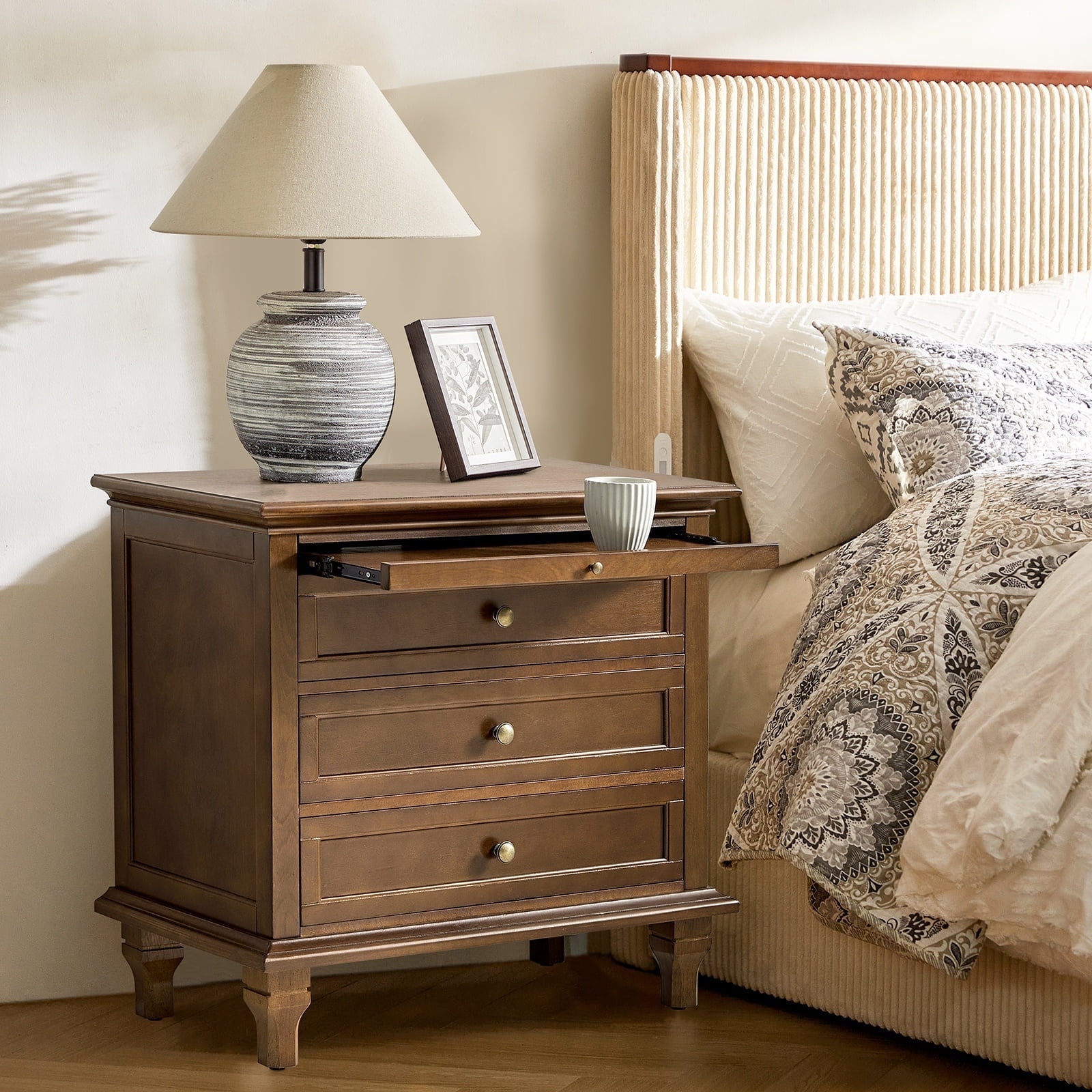 Farmhouse 3 Drawers Nightstand with Tray Bedside Table with Charging ...