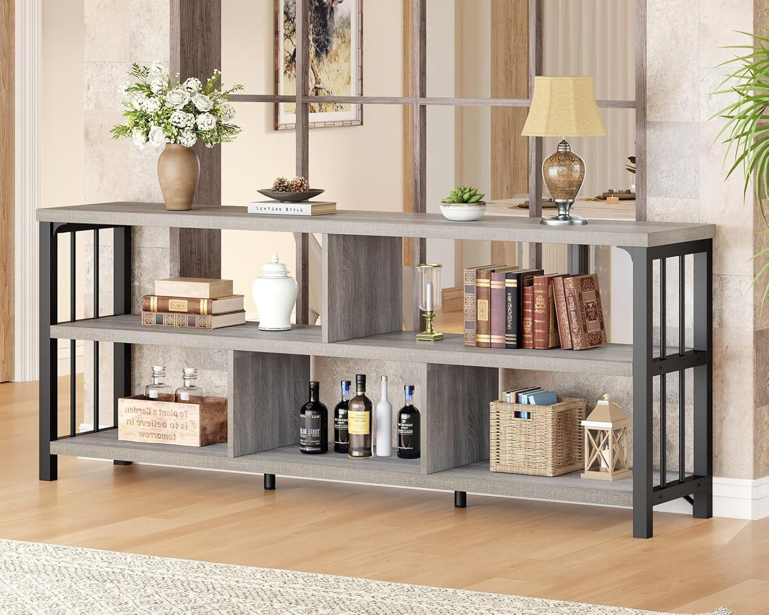 Farmhouse Open Book Shelf, Wood and Metal Organizer, Modern Low ...