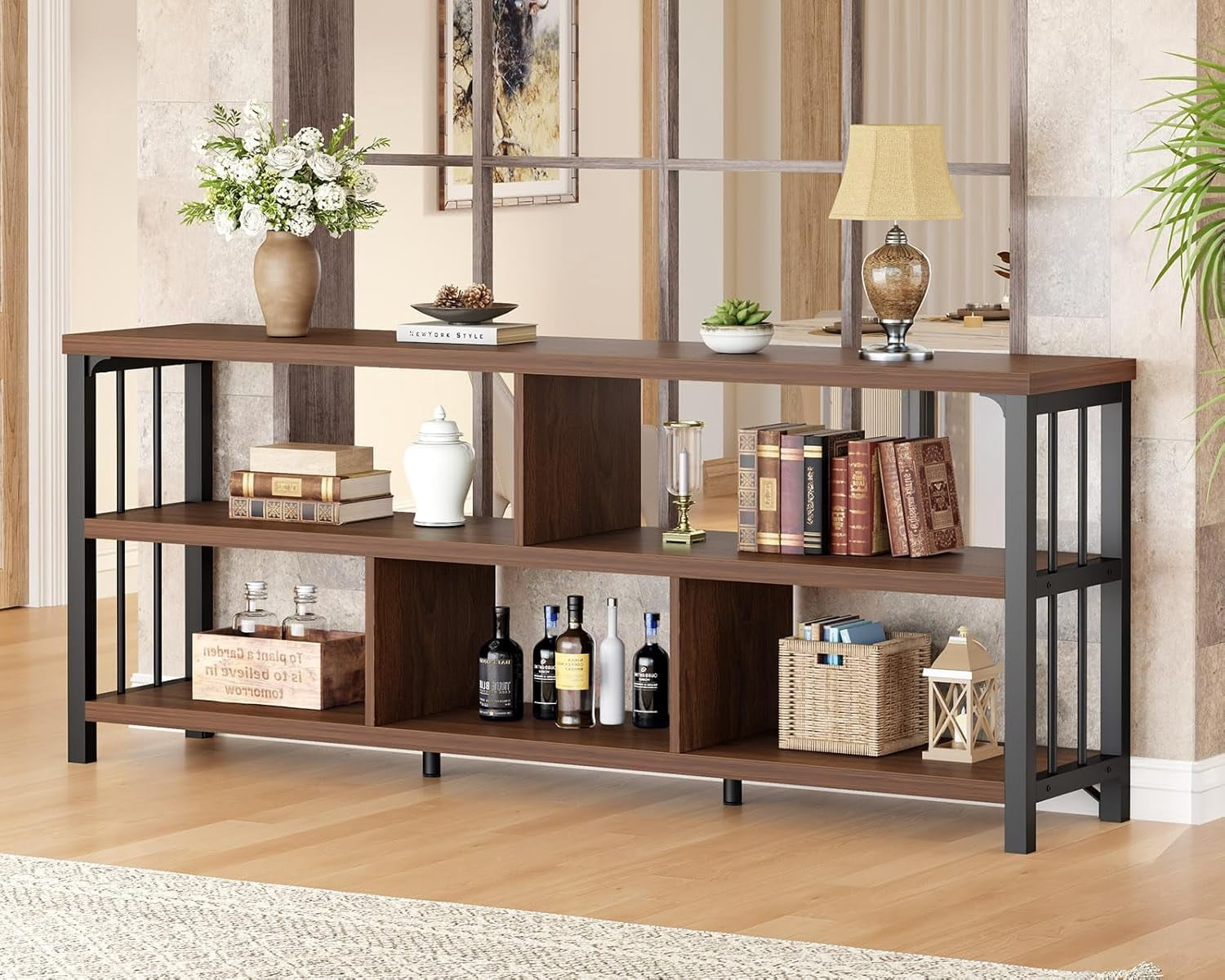 Farmhouse 3 Tier Open Book Shelf Wood and Metal 5 Cube Organizer Modern ...