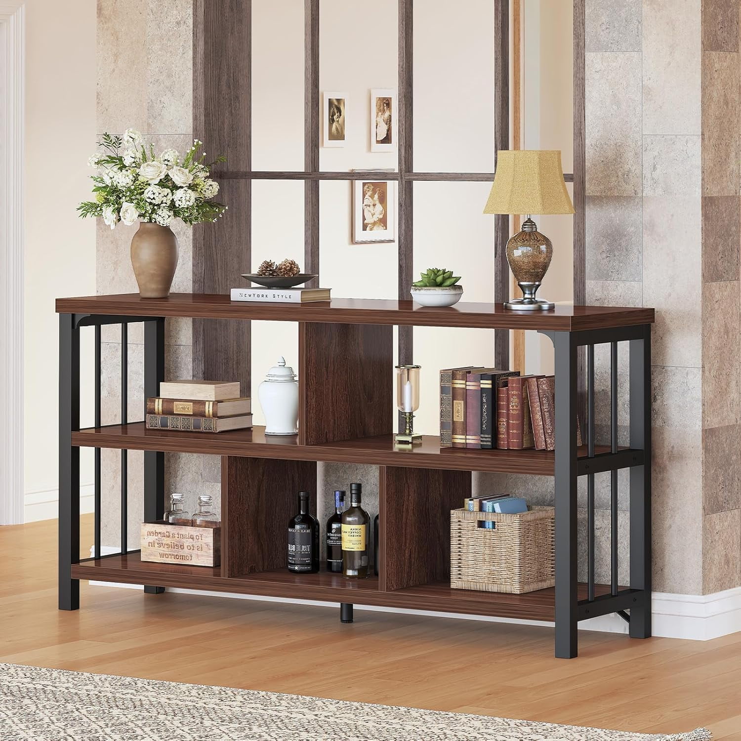 Farmhouse Open Book Shelf, Wood and Metal Organizer, Modern Low ...