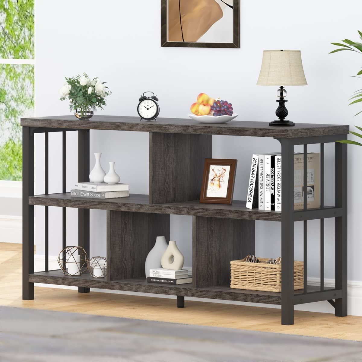 Farmhouse 3 Tier Open Book Shelf Wood and Metal 5 Cube Storage ...