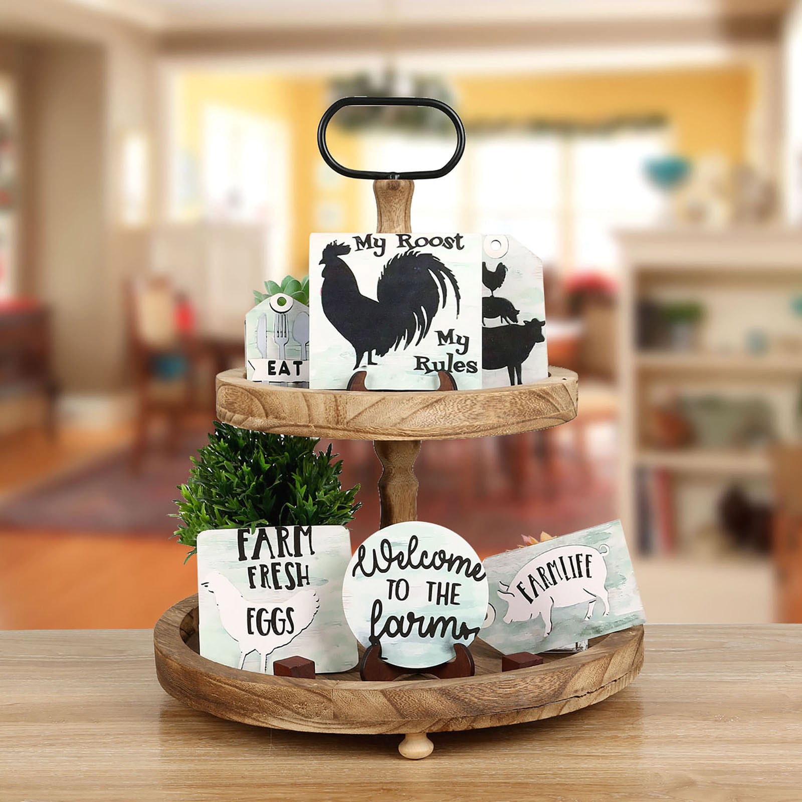 Farmhouse 3-Tier Wooden Tray Organizer with Cow Sheep Pig Figurines ...