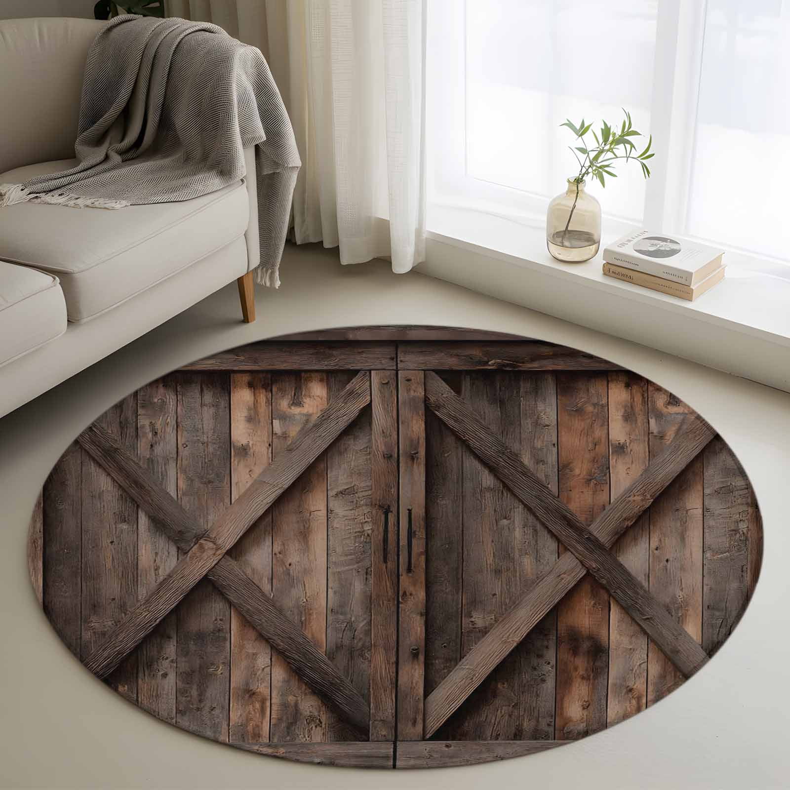 Farmhouse 3FT Round Area Rugs Brown Country Style Barn Door Distressed ...