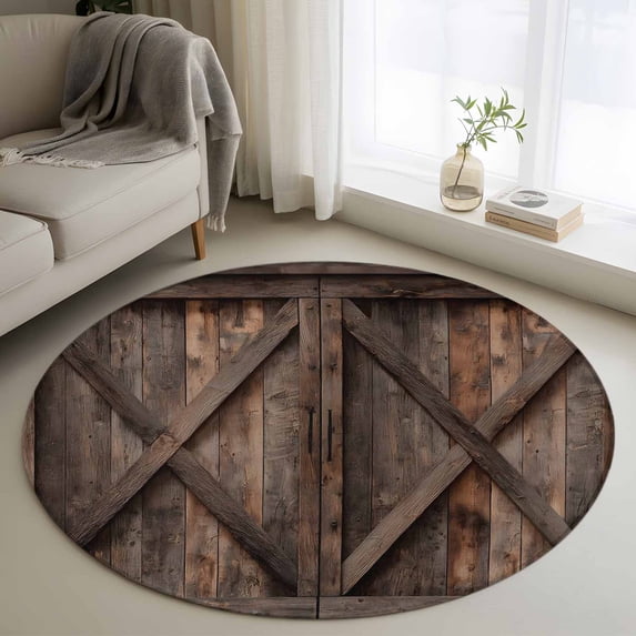 Farmhouse 3FT Round Area Rugs Brown Country Style Barn Door Distressed ...