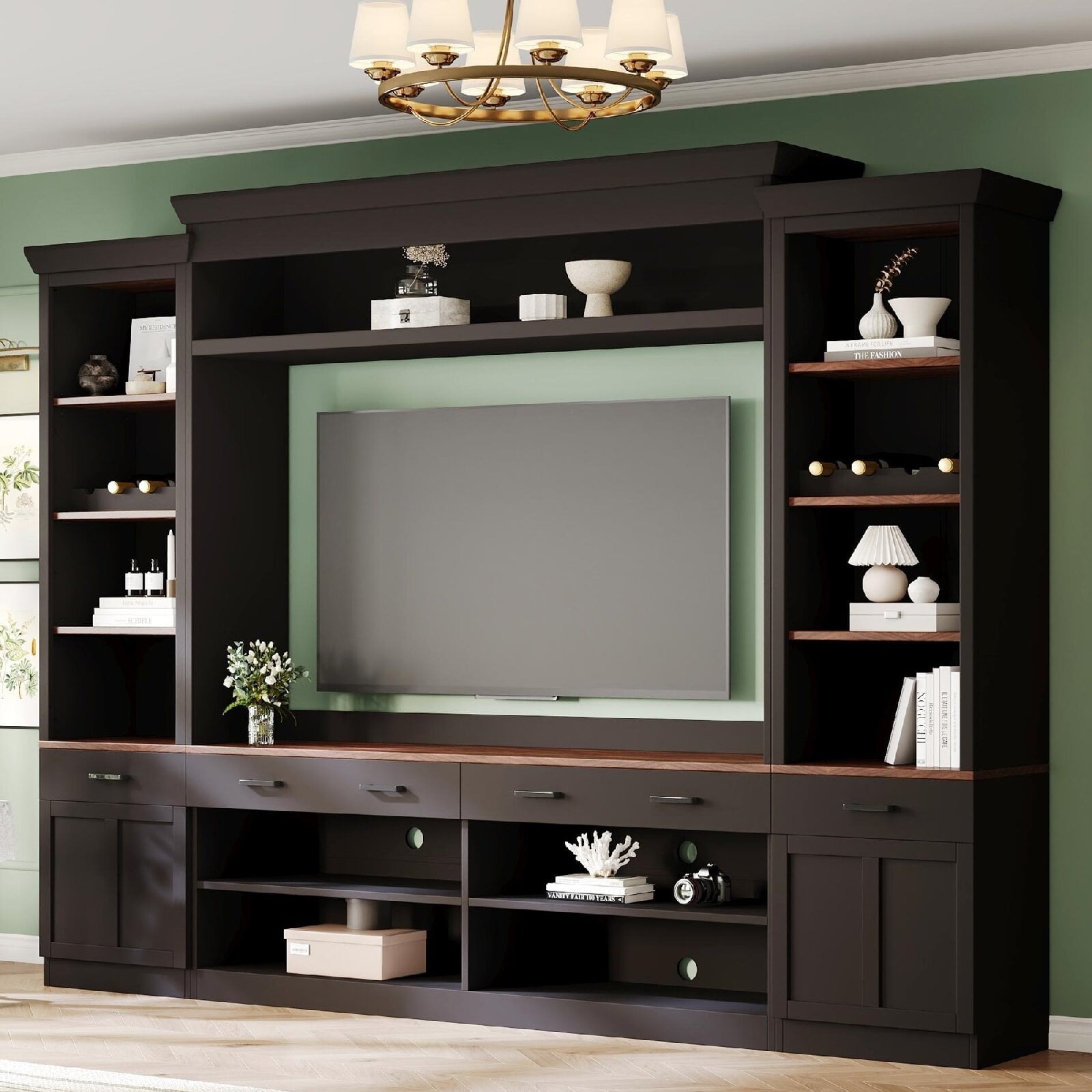 Farmhouse 4-Piece Entertainment Wall Unit Set with Bookshelf for TVs Up ...