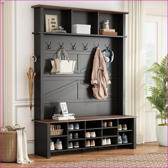 Farmhouse 4-in-1 Hall Tree with 6 Hooks, Adjustable Shelves & 16 ...