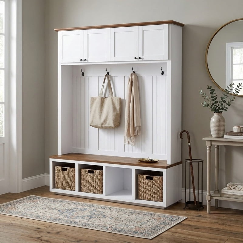 Farmhouse 4-in-1 Hall Tree with Top Cabinets, 59''W Coat Rack with 4 ...