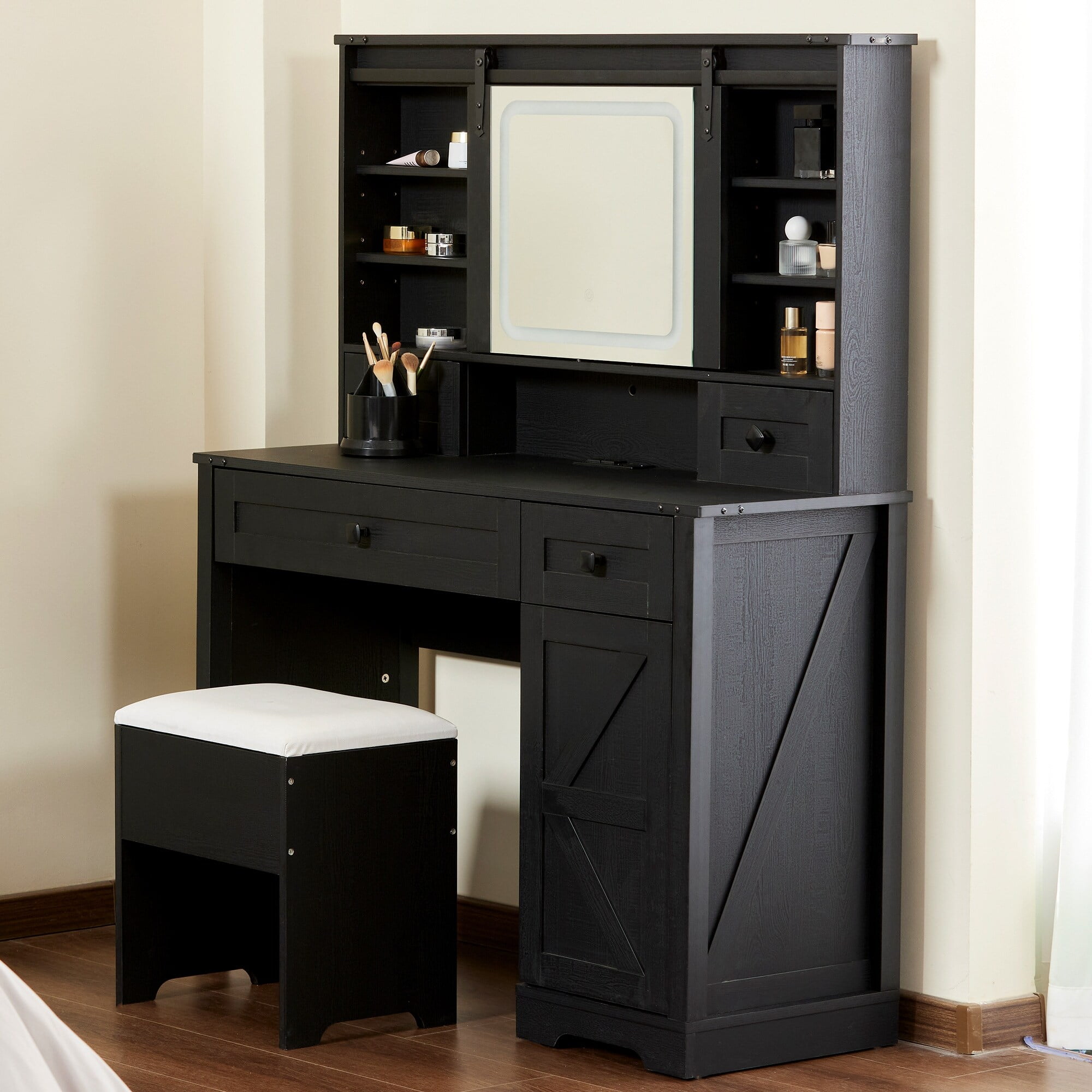Farmhouse 42'' Makeup Vanity Desk with lighted Sliding Mirror,Tabletop ...