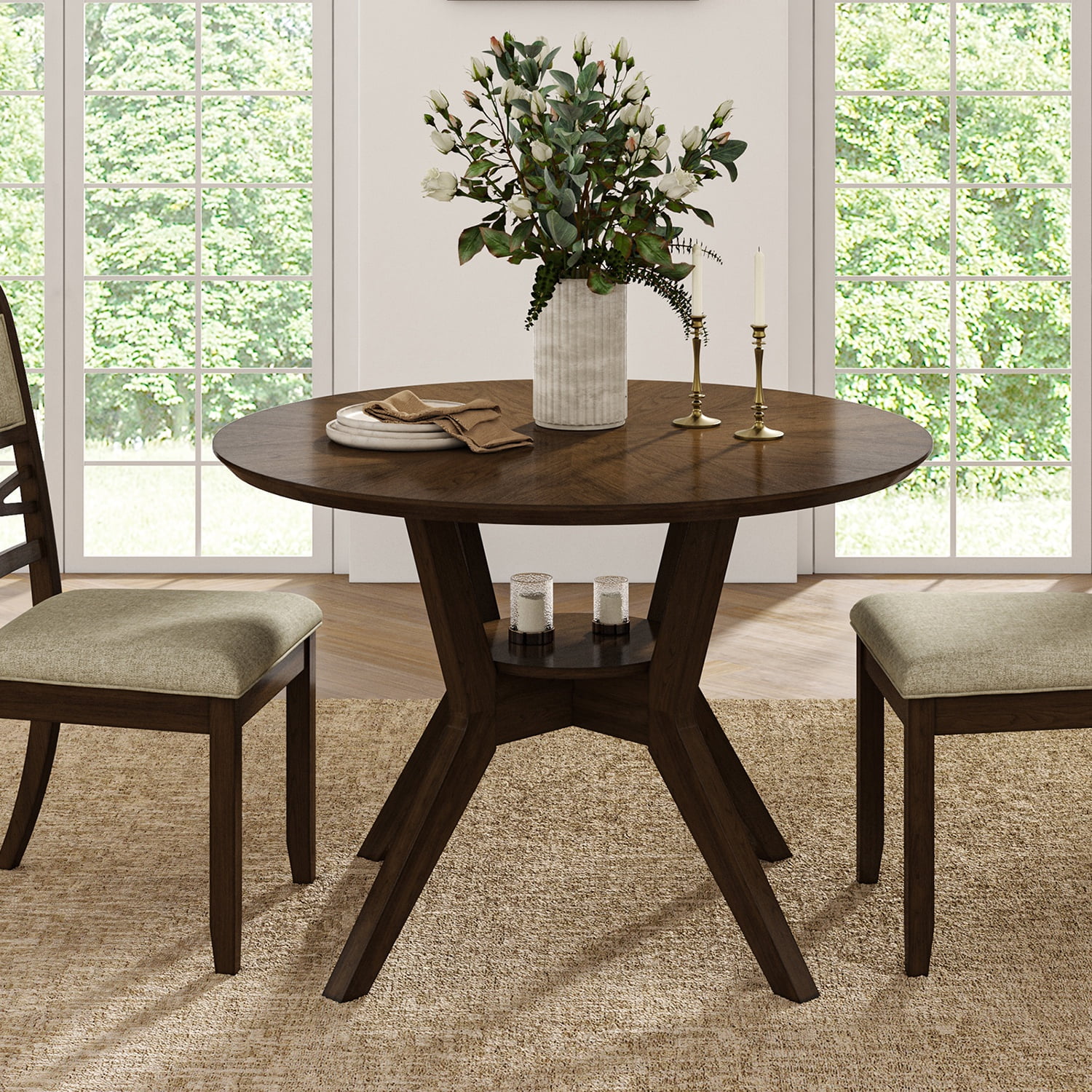 Farmhouse 45" Round Dining Table Solid Wood X-Shape Open Shelf Dining ...