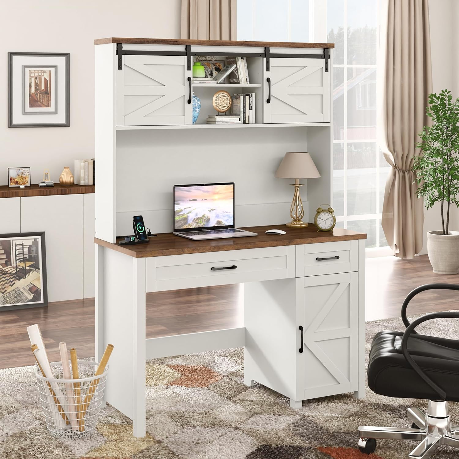 Farmhouse 47" Executive Desk, White Computer Desk with 2 Drawers and ...