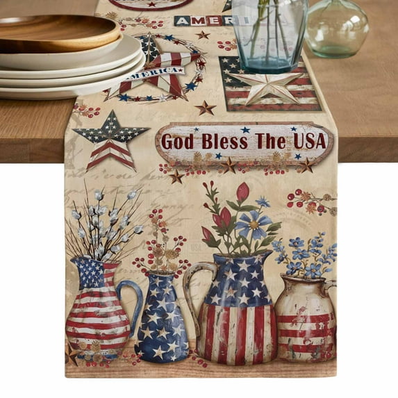 Farmhouse 4th of July Table Runner, American Country Star Botanical ...