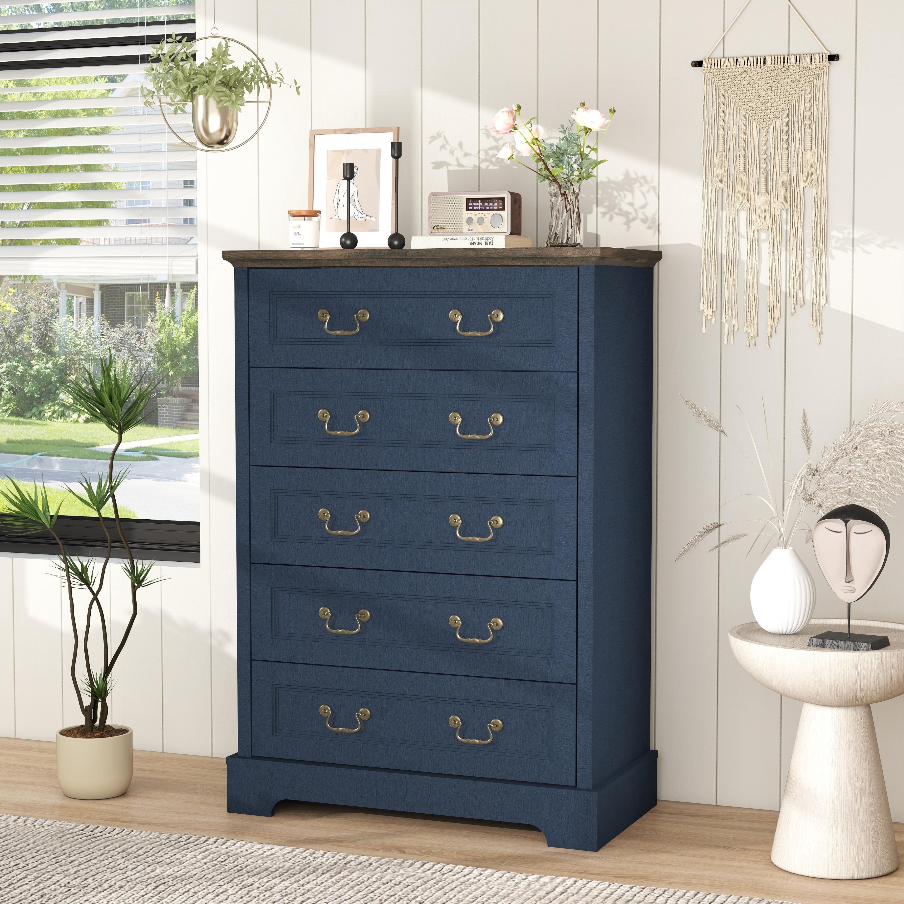 Farmhouse Drawer Dresser With 5 Storage 31.5W Dresser Of Tall Chest For ...