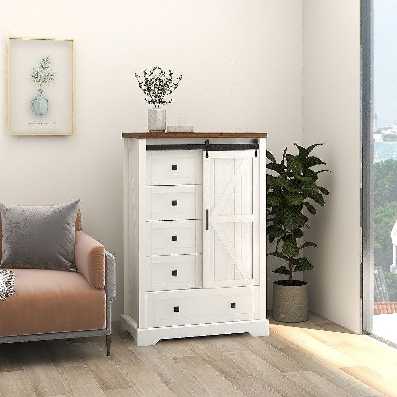 Farmhouse 5 Drawers Dresser, 47"H Chest of Drawers with Sliding Barn ...