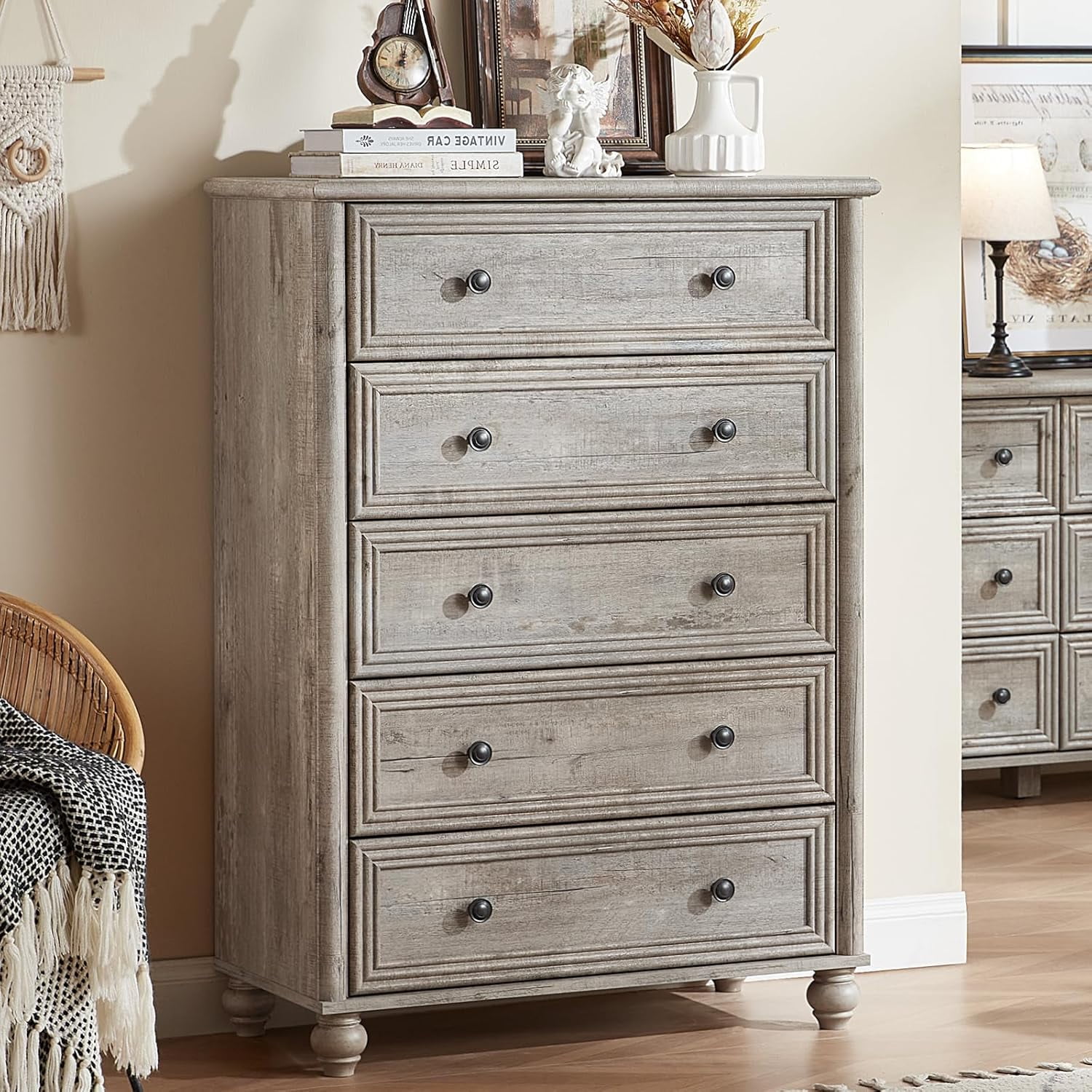 Farmhouse 5 Drawers Dresser for Bedroom, Wood 45" Tall Chest of Drawers ...
