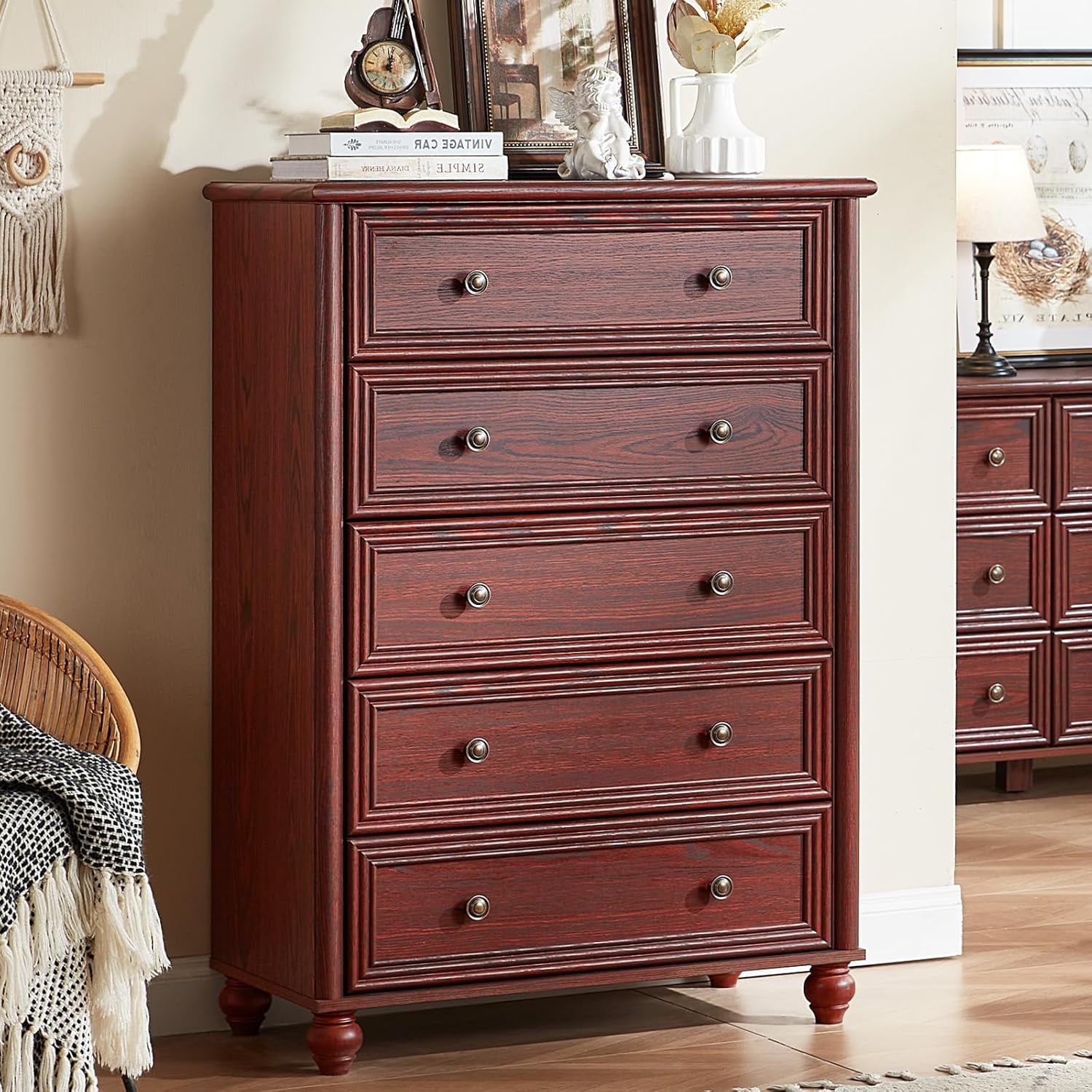 Farmhouse 5 Drawers Dresser for Bedroom, Wood 45" Tall Dressers Chest ...