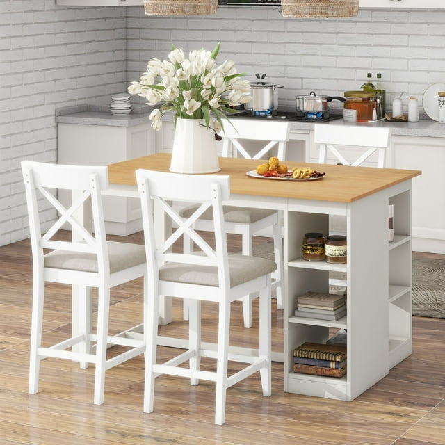 Farmhouse 5 Pcs Solid Wood Counter Height Dining Table Set, With 3-Tier ...