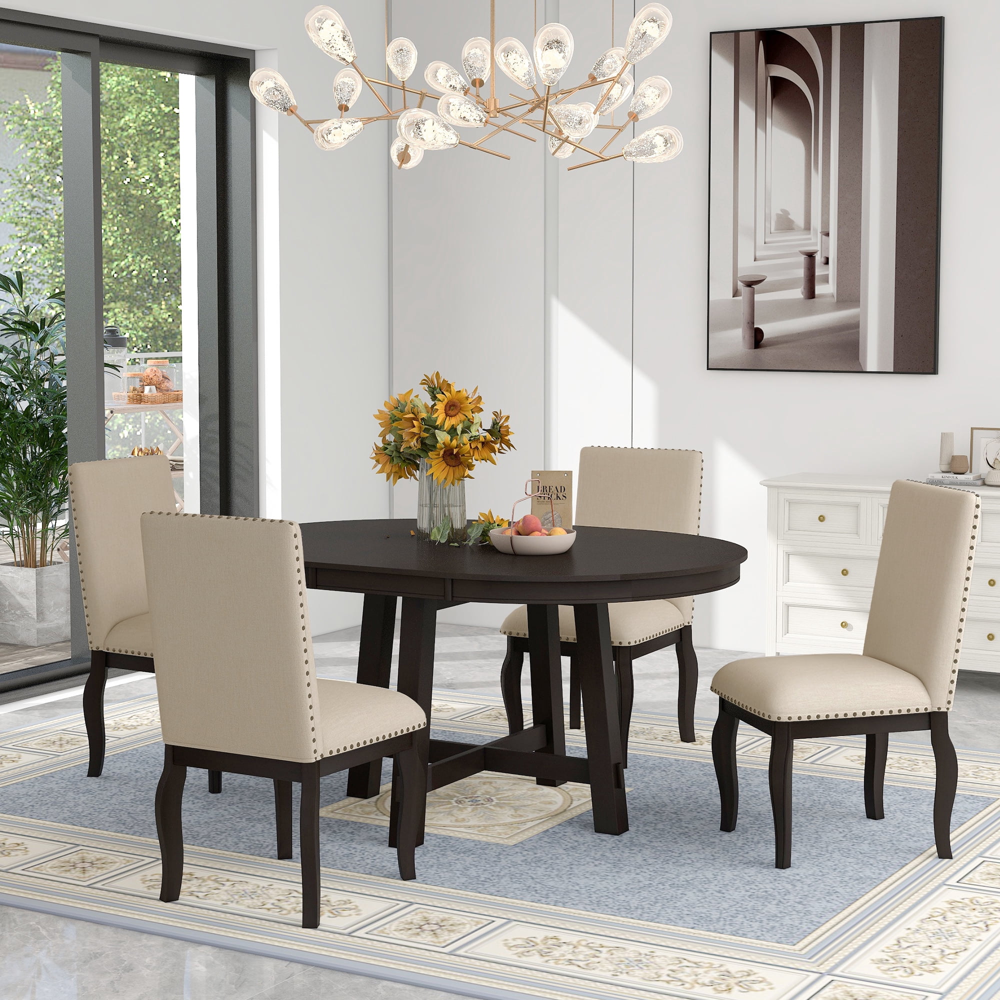 Farmhouse 5-Piece Dining Table Set, Round Extendable Dining Table and 4 ...