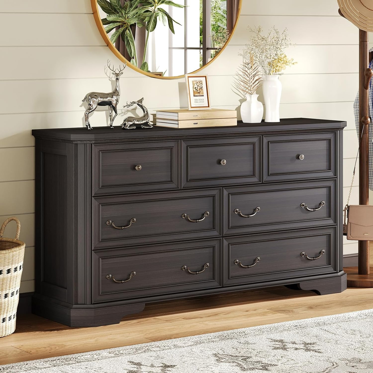 Farmhouse 54" Wide 7 Drawers Dresser for Bedroom, Wood Rustic Chest of ...