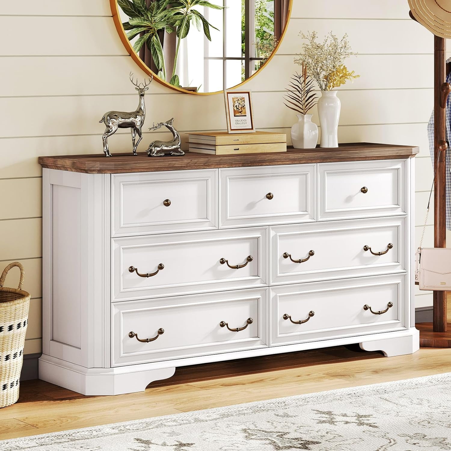 Farmhouse 54" Wide 7 Drawers Dresser for Bedroom, Wood Rustic Chest of ...