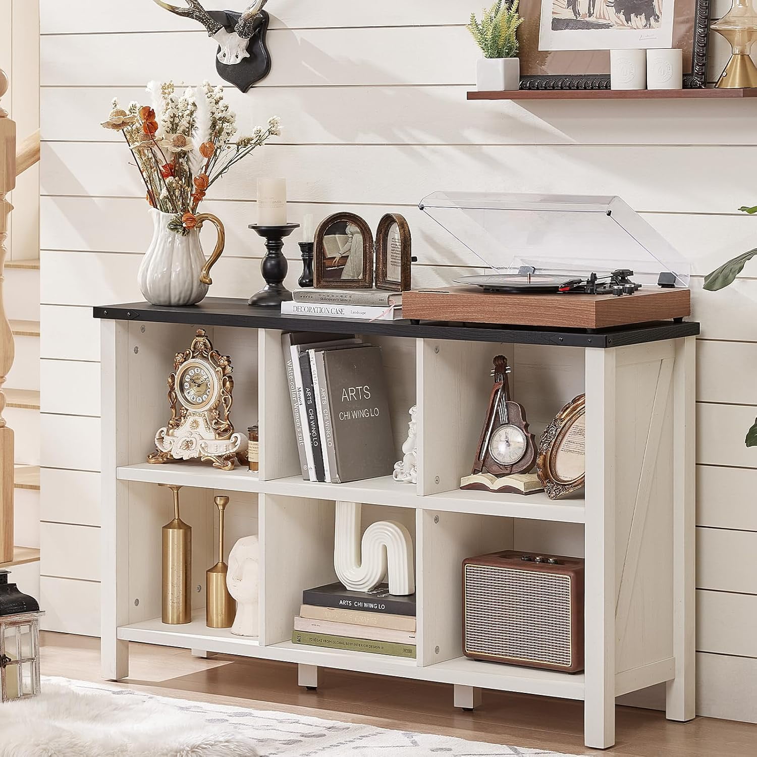 Farmhouse 6 Cube Bookshelf, Antique White & Black Wooden Storage Organizer Book Shelf, 47" Cubby ...