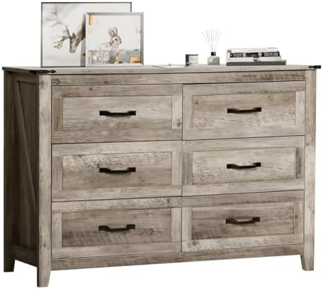 Farmhouse 6 Drawer Dresser, Rustic Chest of Drawers, Wood TV Stand with ...