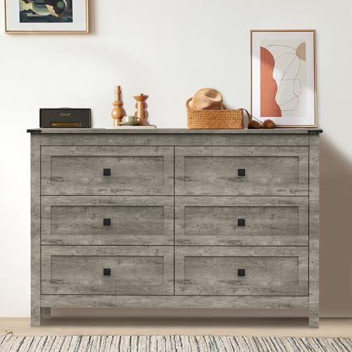 Farmhouse 6 Drawer Dresser, Rustic Wood Double Dresser Chest of Drawers ...