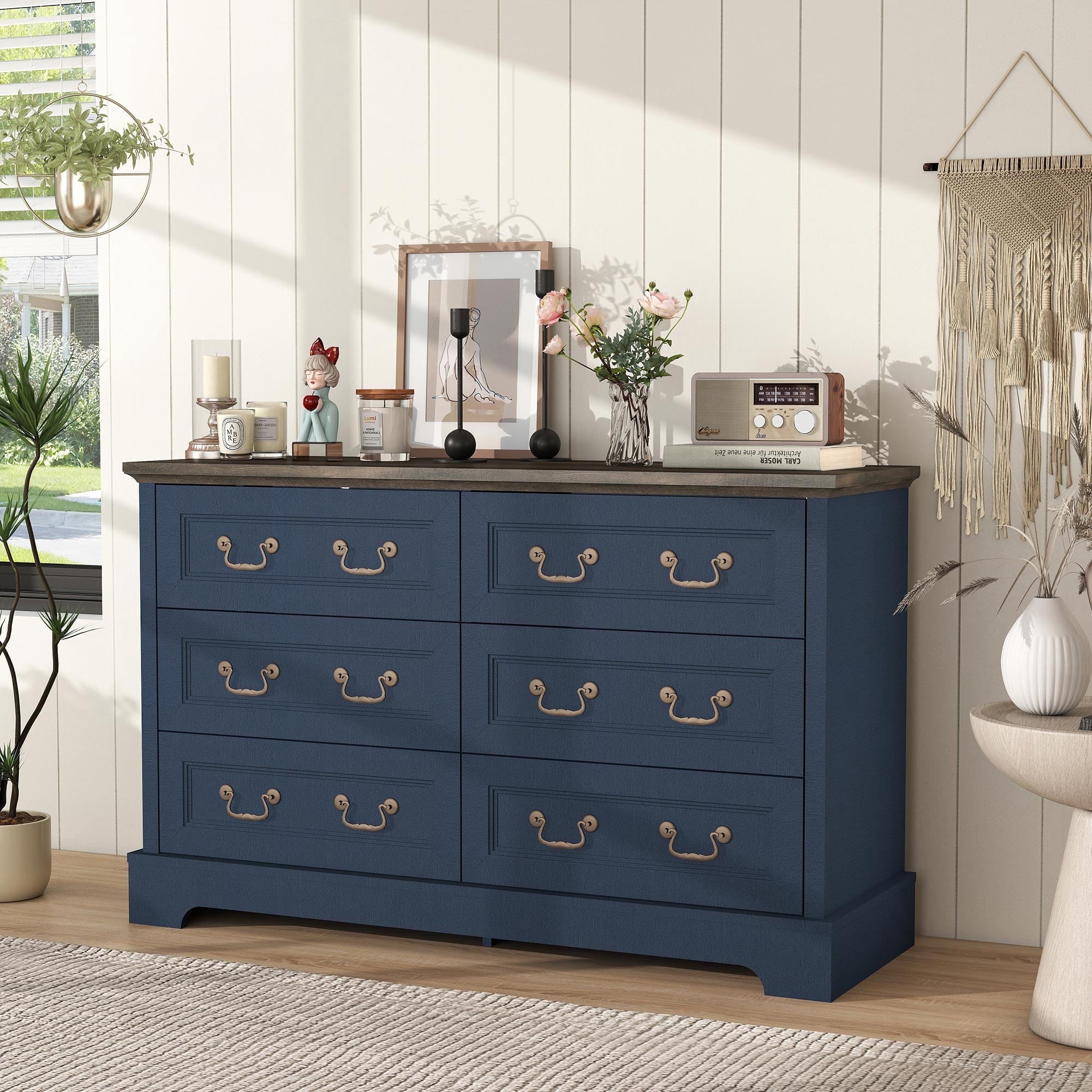 Farmhouse Drawer Dresser With 6 Storage 47.2W Dresser Of Chest For ...