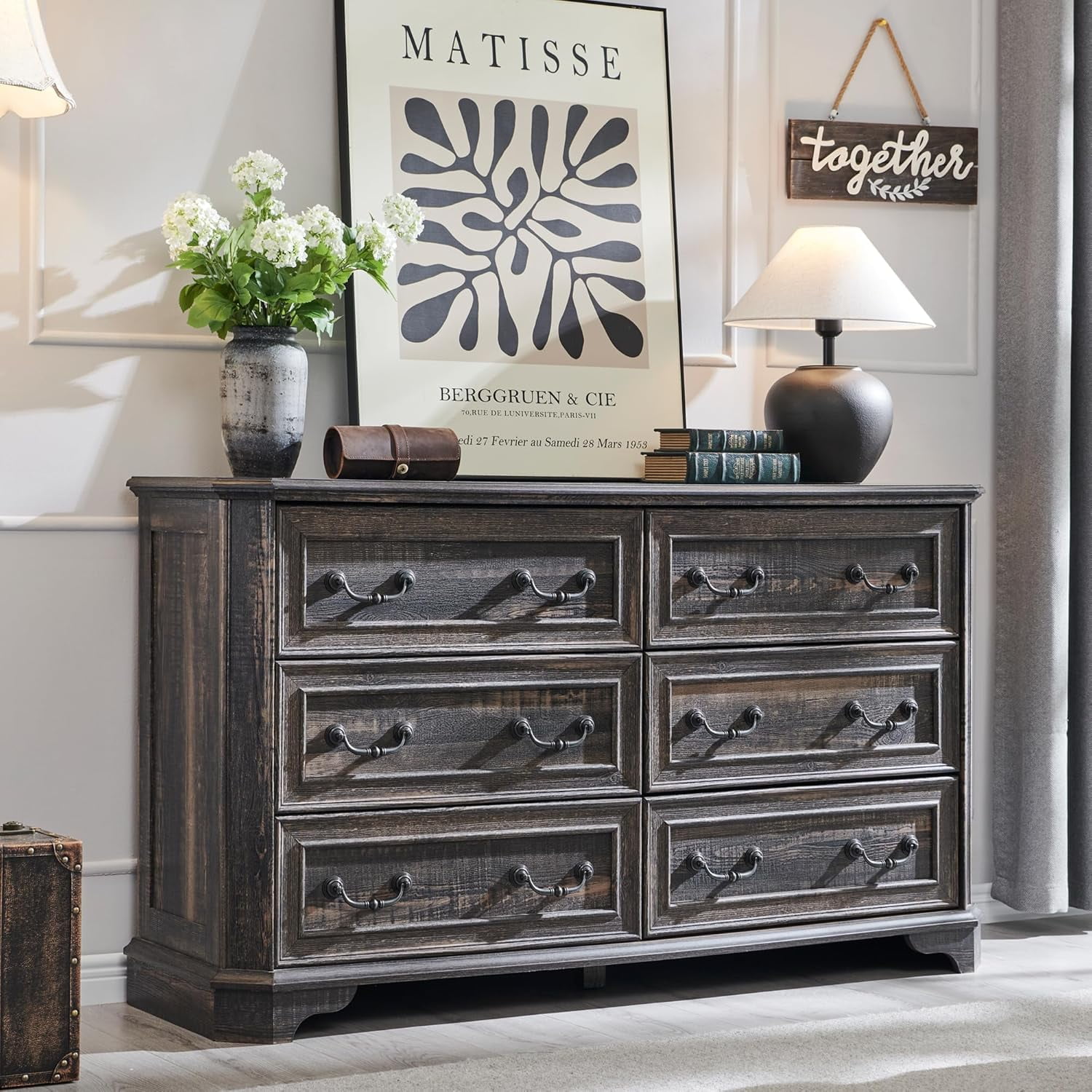 Farmhouse 6 Drawers Dresser for Bedroom 54" Wide Wood Rustic Chest of ...