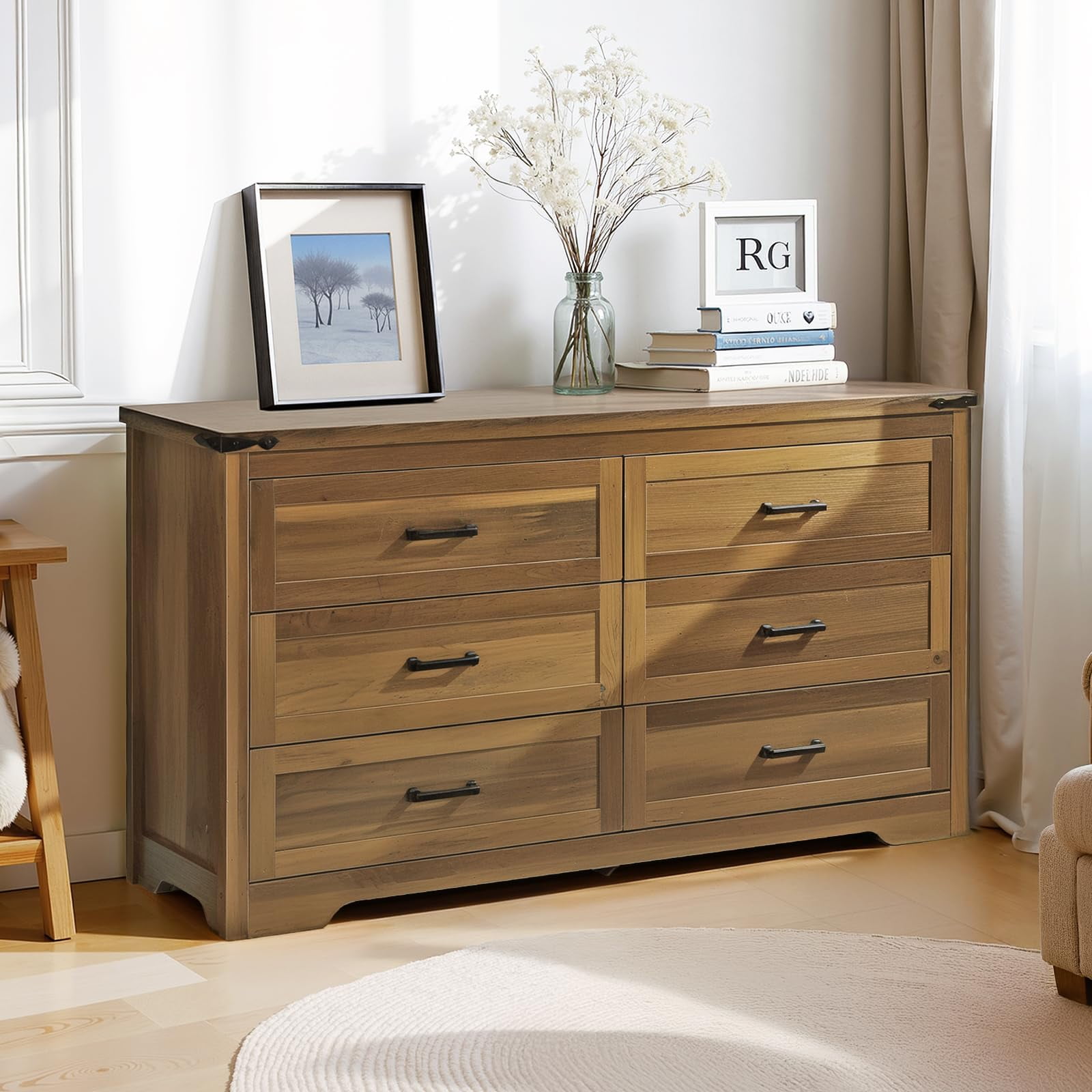 Farmhouse 6 Drawers Dresser Chests for Bedroom, Wood Rustic Wide Chset ...