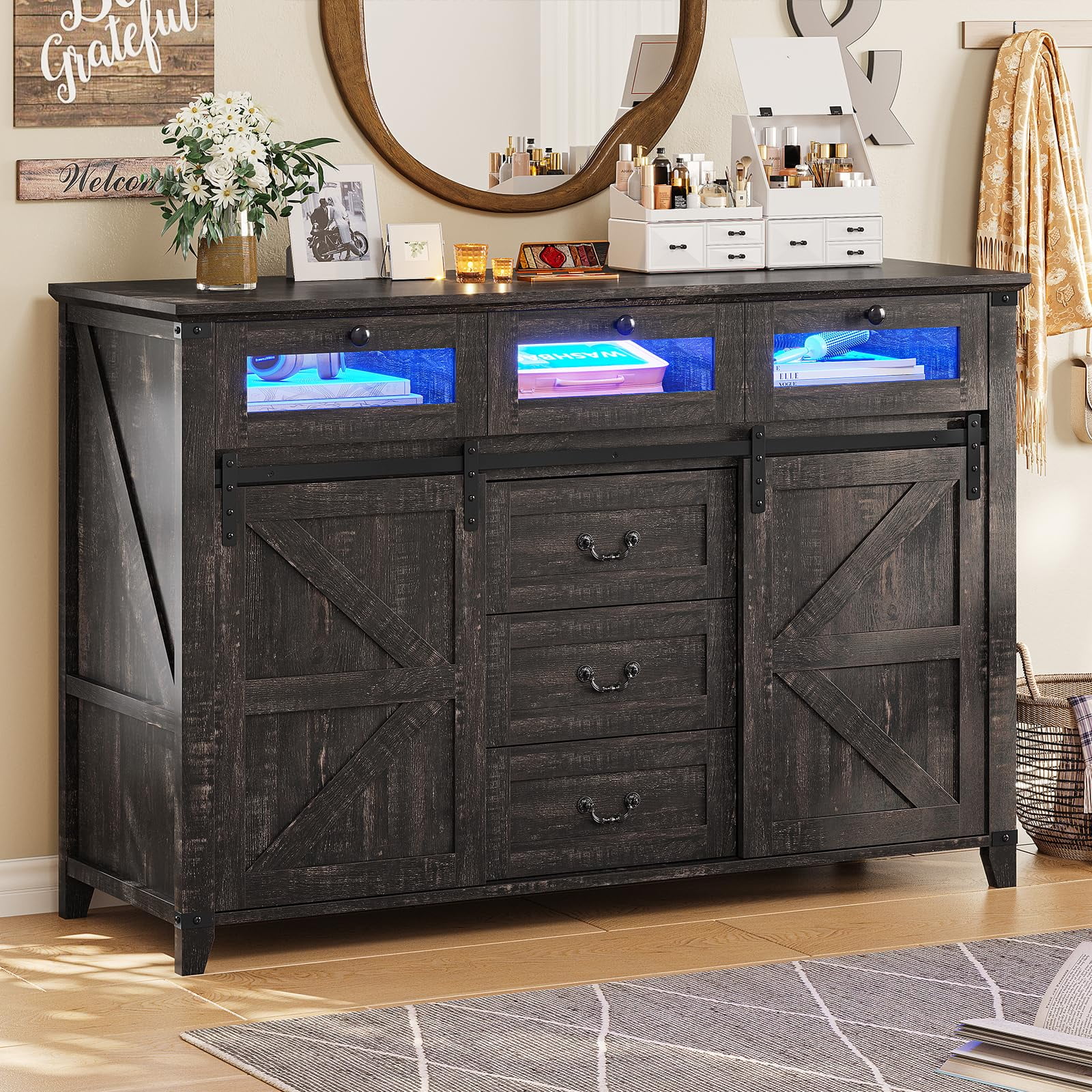 Farmhouse 6 Drawers Dresser for Bedroom with 2 Sliding Barn Door ...