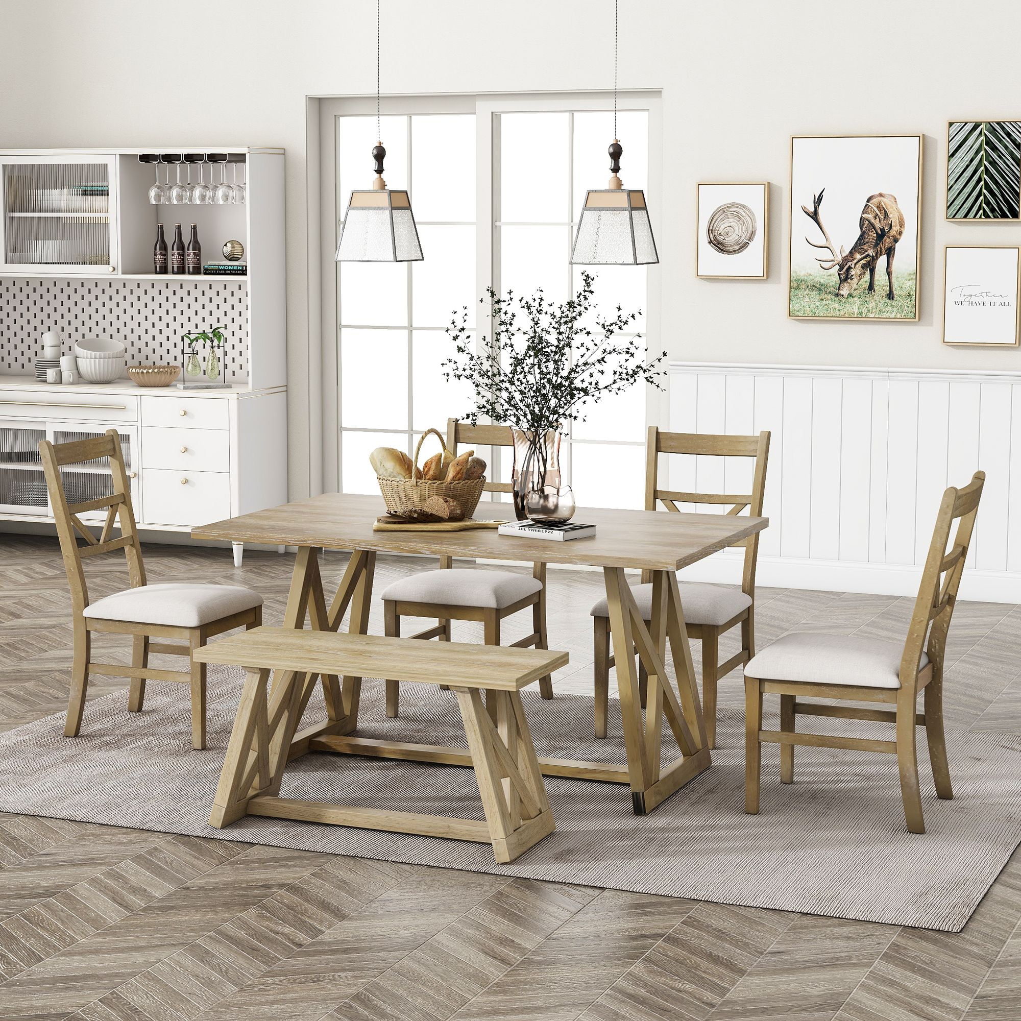 Rhomtree Farmhouse 6-Piece Solid Wood Dining Table Set - Walmart.com
