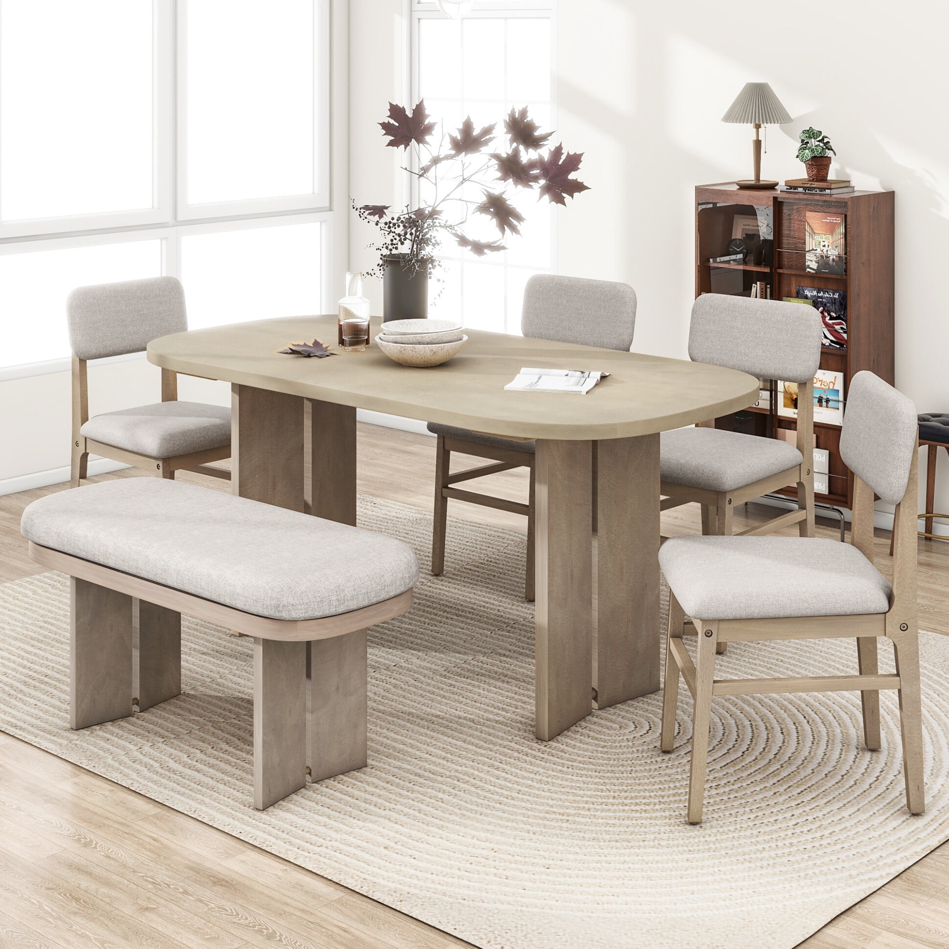 Farmhouse 6-Piece Solid Wood Dining Set with Rectangular Trestle Table ...
