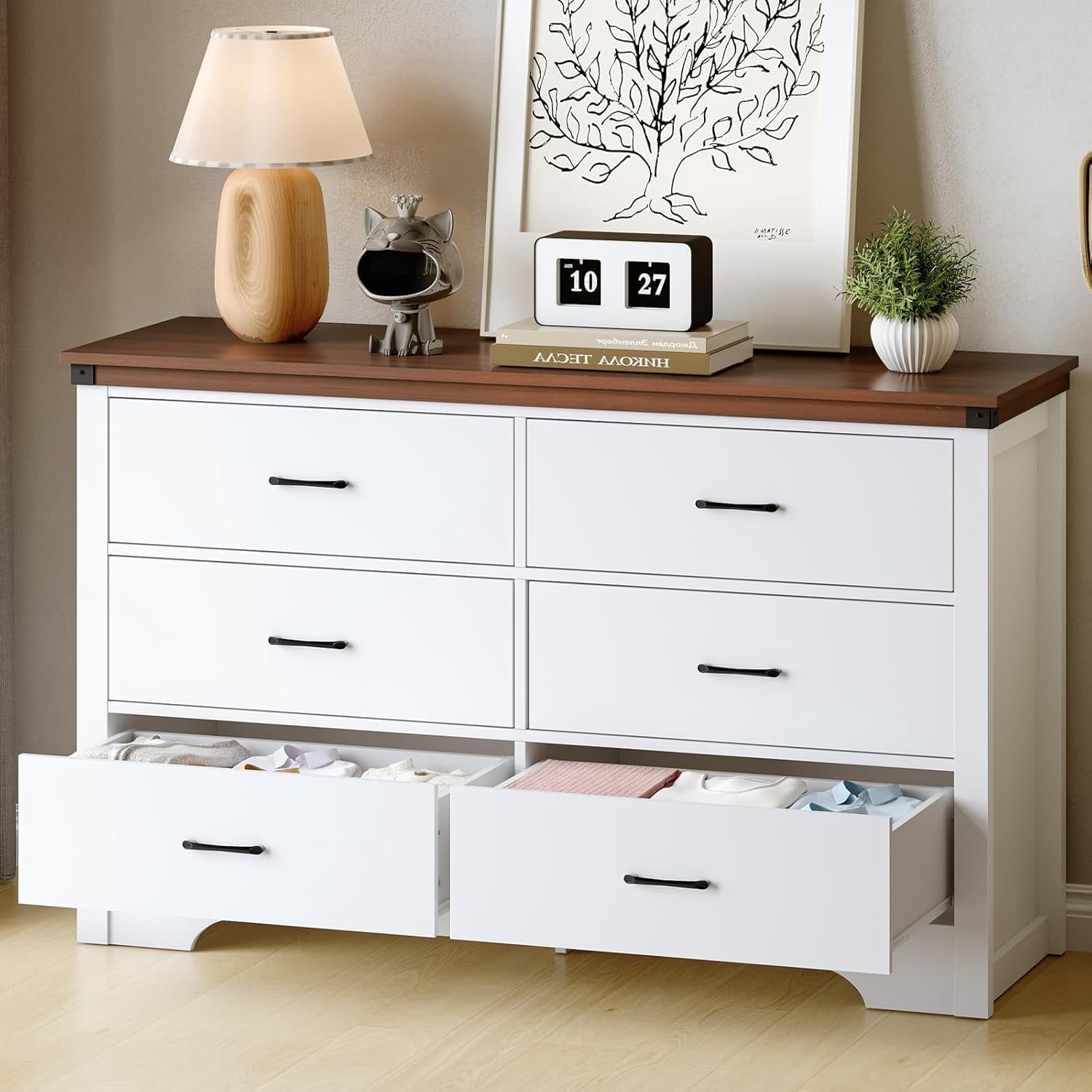 Farmhouse 6 drawer dresser for bedroom, 51" Wide chest of drawers, Wood ...