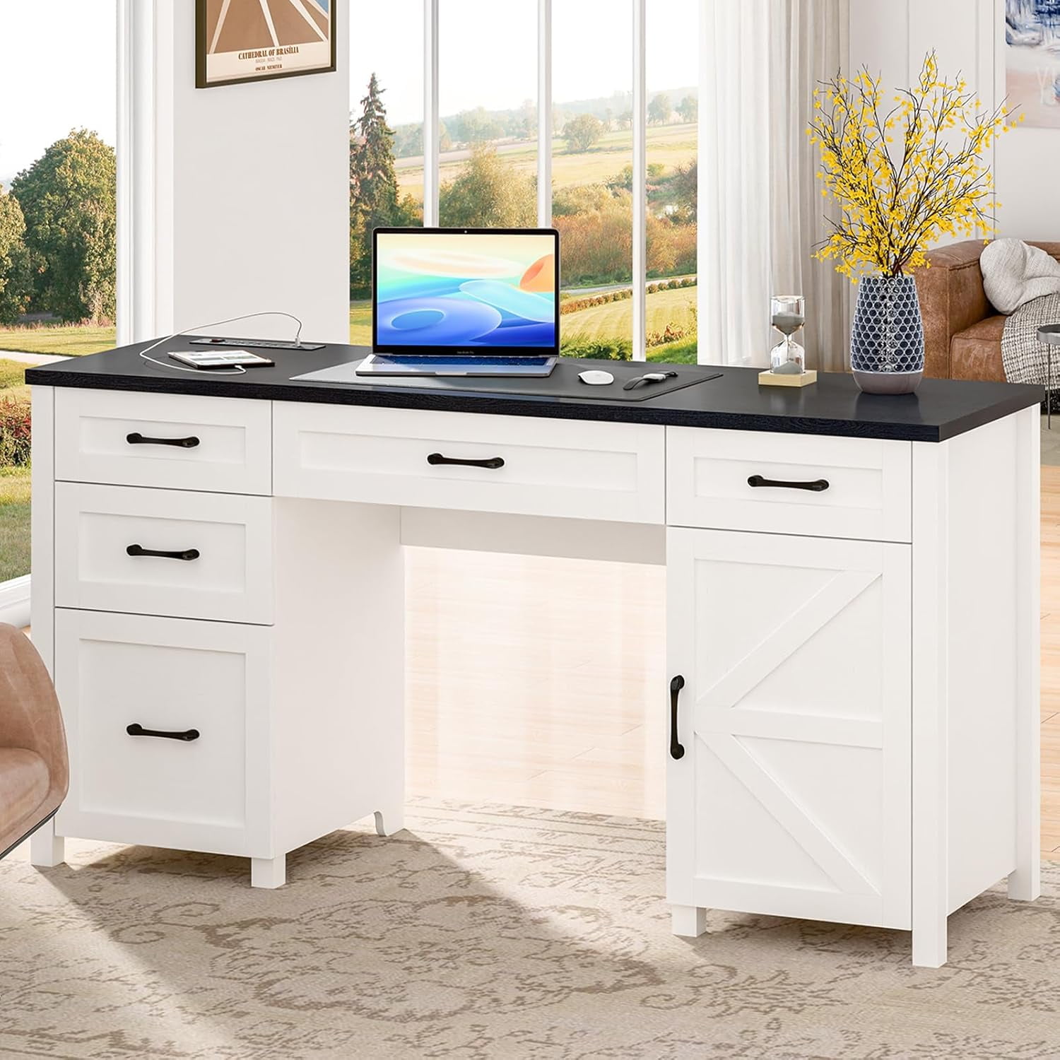 Farmhouse 61'' Executive Desk with 5 Drawers Rustic Office Desk ...