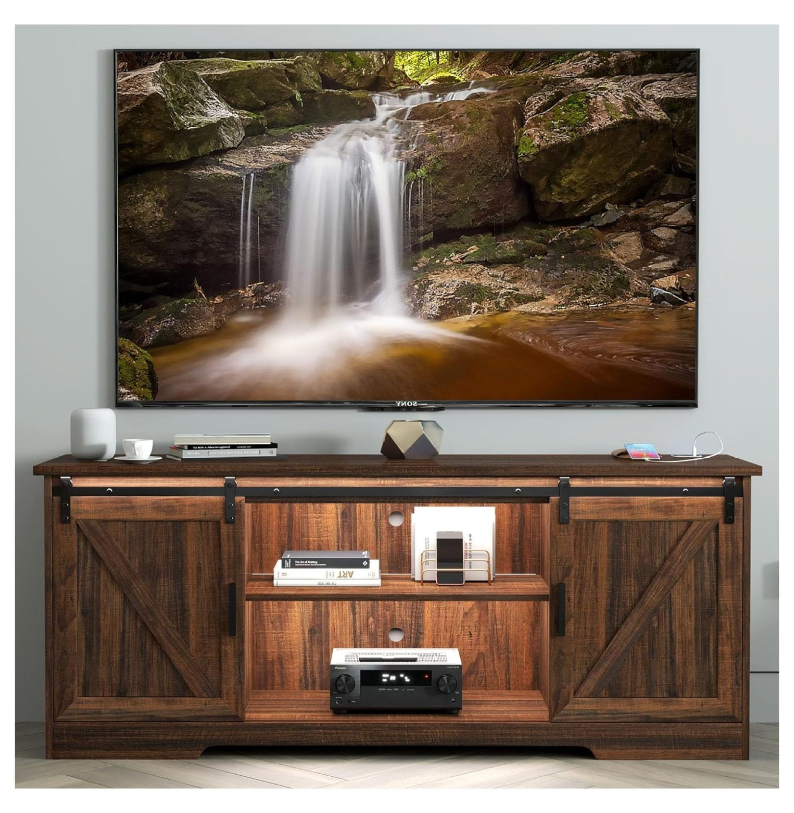 Farmhouse 65" TV Stand, Modern LED TV Stand Brown, Entertainment Center ...