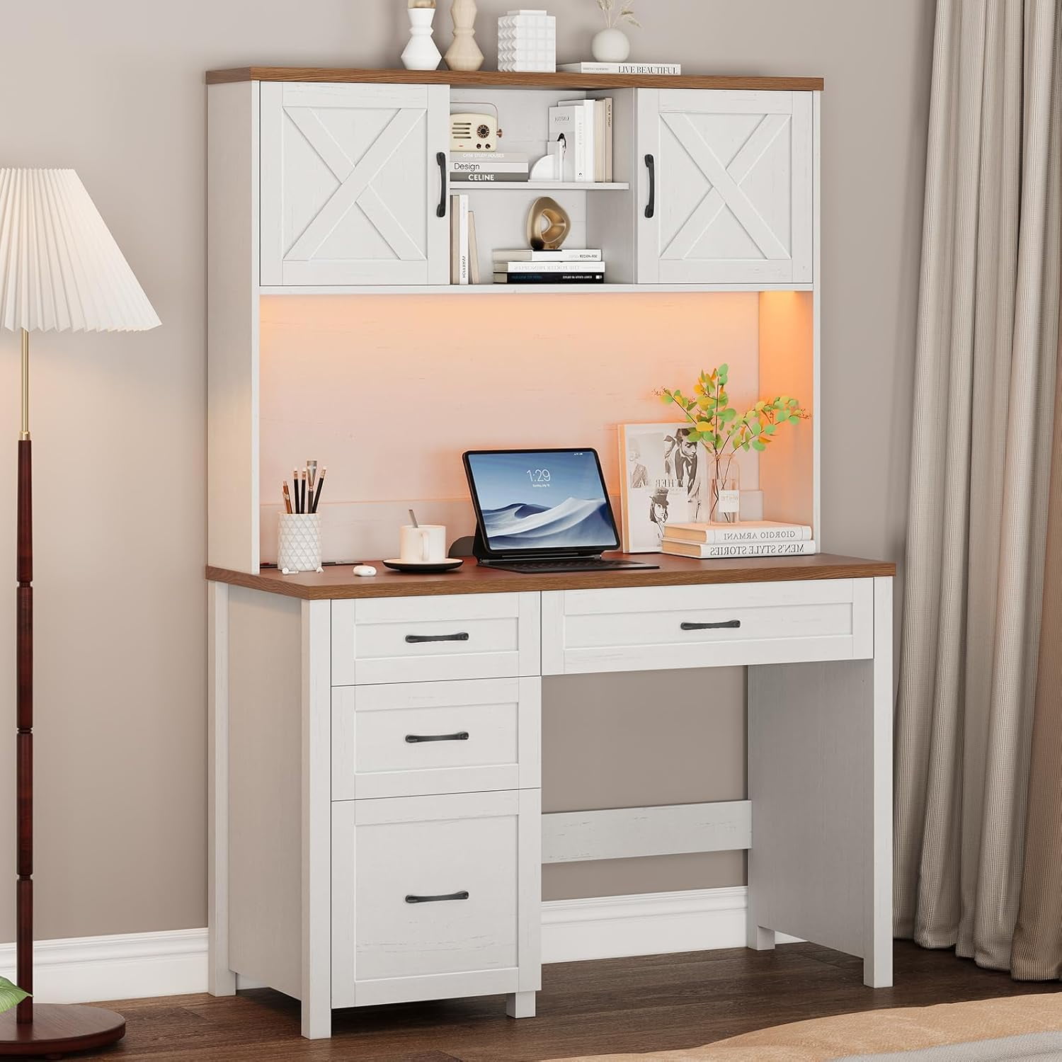 Farmhouse 67" H Executive Desk with Hutch Computer Desk with 4 Drawers ...