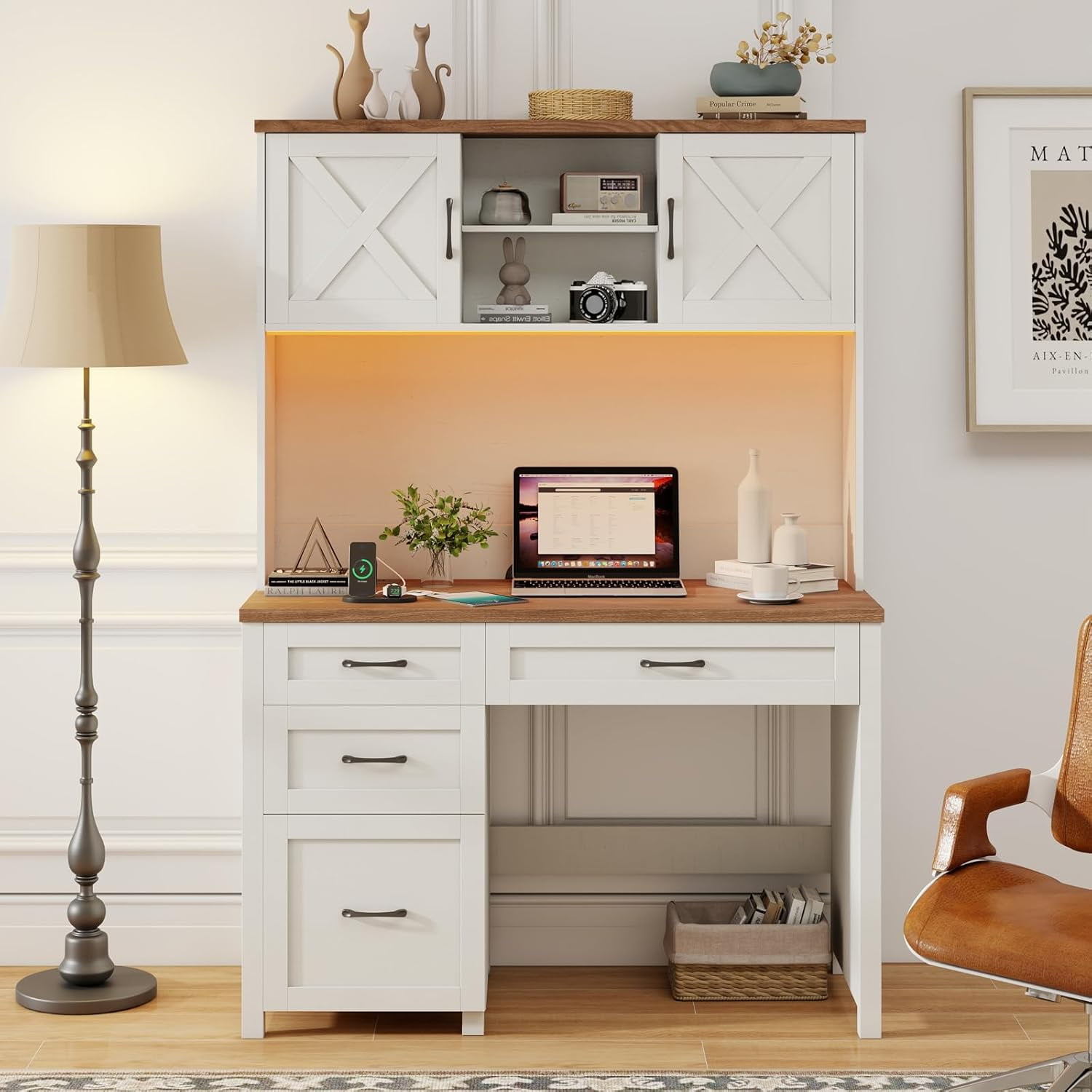 Farmhouse 67" H Executive Desk with Hutch Office Desk with 4 Drawers ...