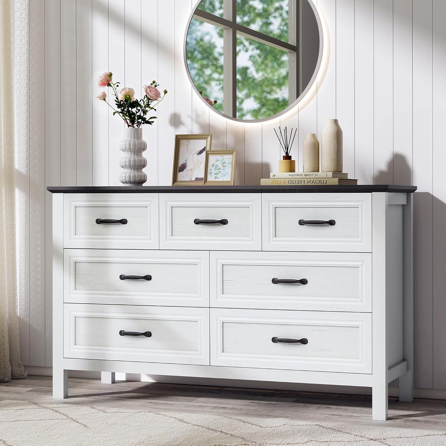 Farmhouse 7-Drawer Dresser for Bedroom, 52" Wide Wood Chest of Drawers ...
