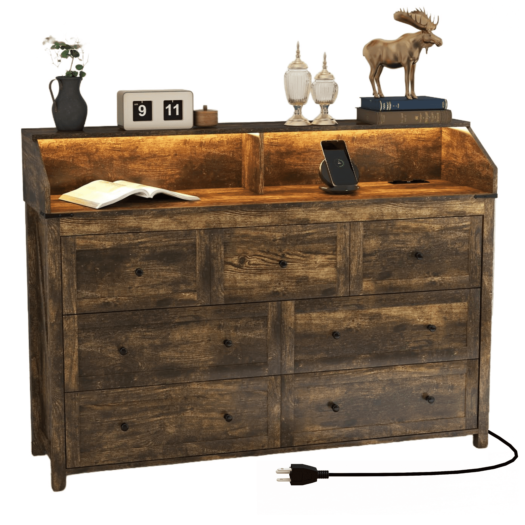 longtingus Farmhouse 7-Drawer Wood Dresser, Antique Rustic Brown ...