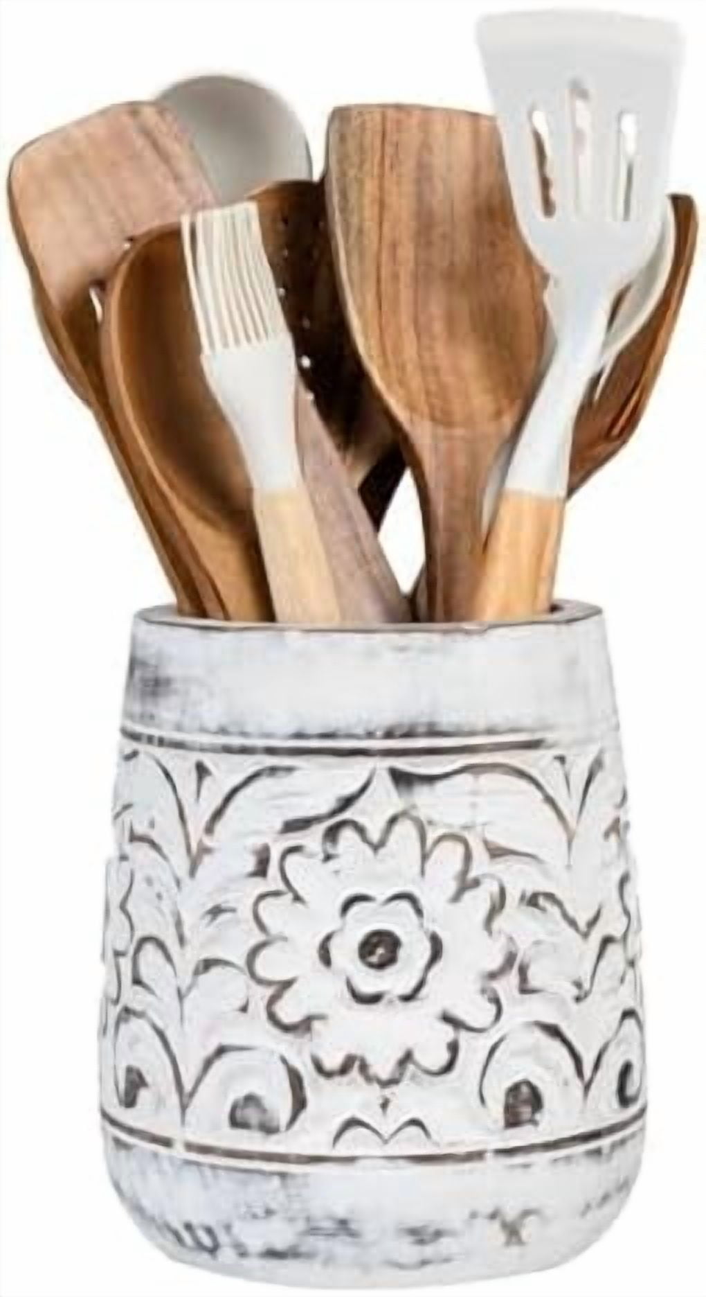 Farmhouse 7'' Large Utensil Holder for Kitchen Counter, Handcarved ...