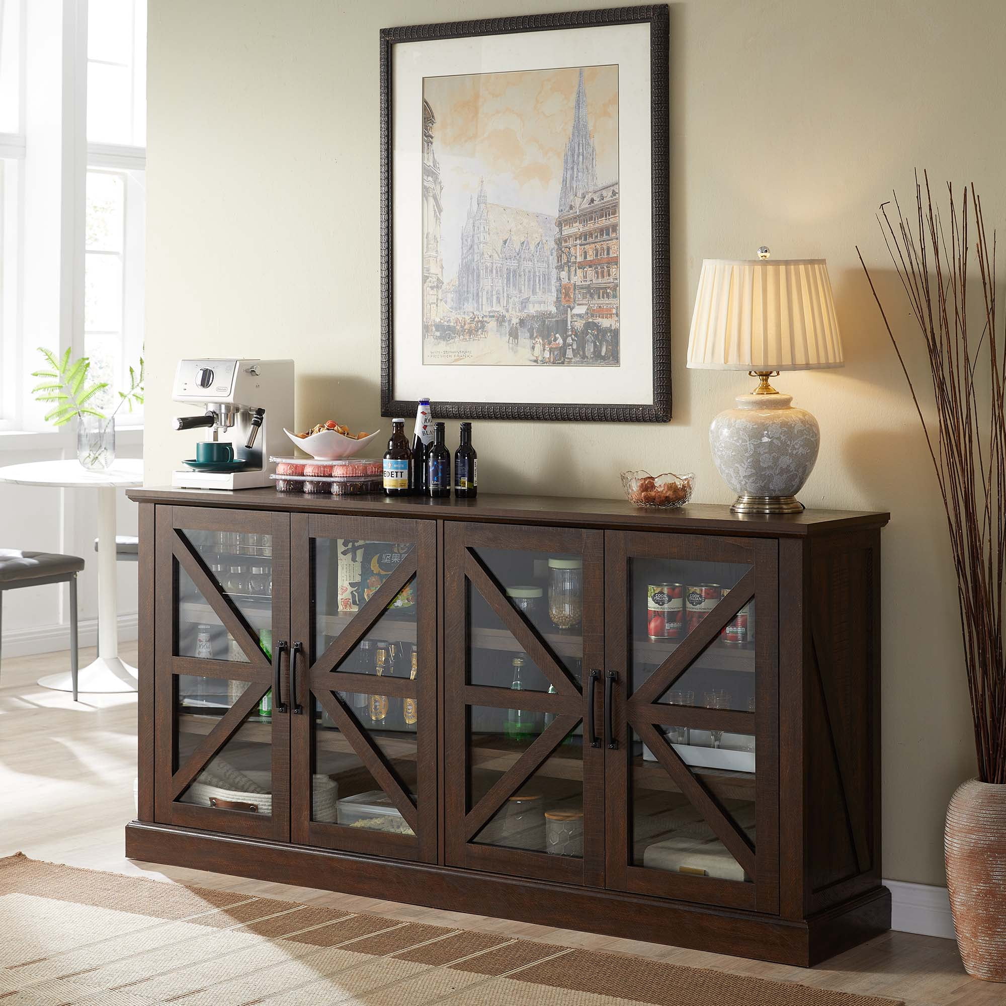 SinCiDo Farmhouse Cabinet with 4 Glass Barn Doors, Modern Style 70 ...