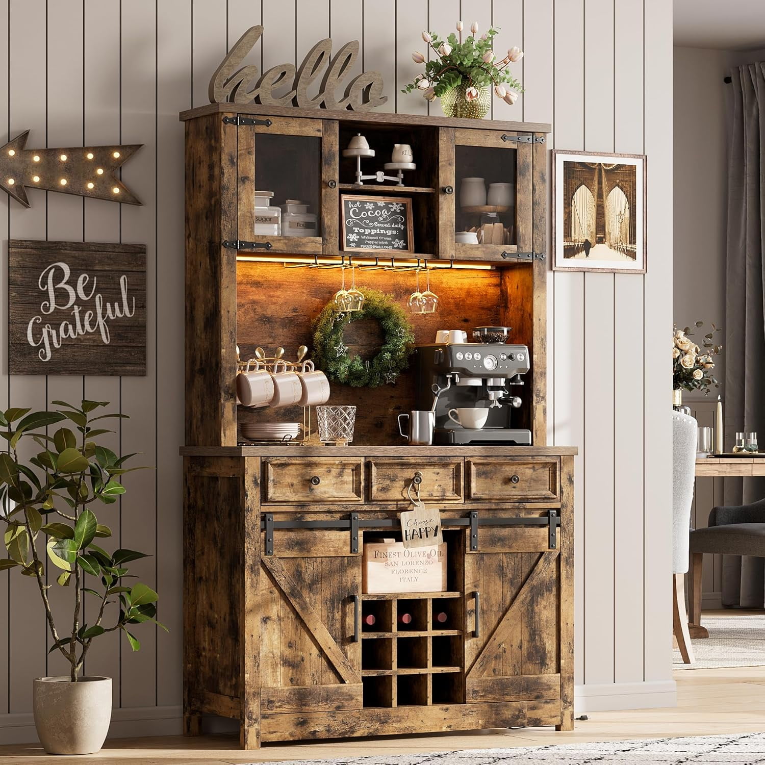 Farmhouse 72" Coffee Bar Cabinet with LED Light and Power Outlet, Large ...