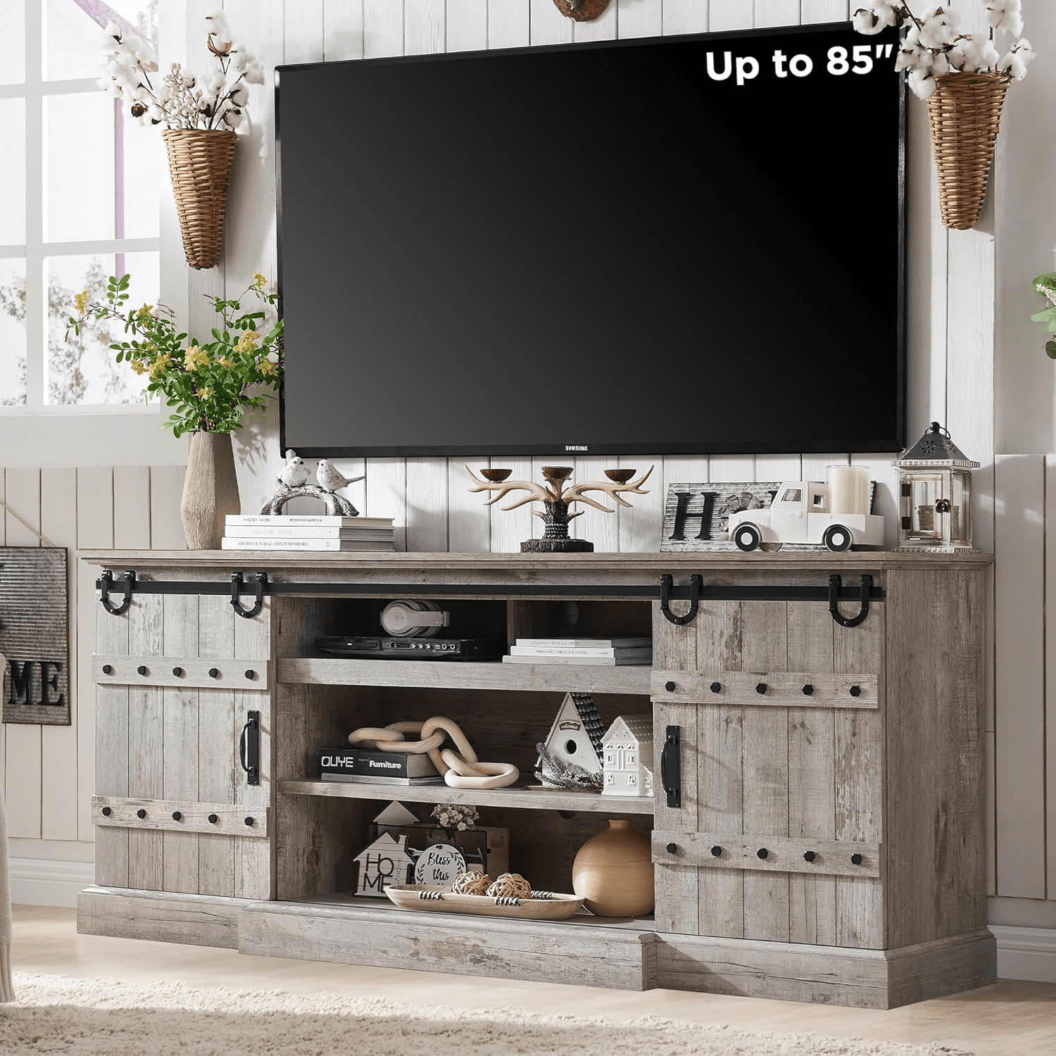 Farmhouse 75" TV Stand for 80 85 Inch TV Rustic Media Console Table with Sliding Barn Door Large ...