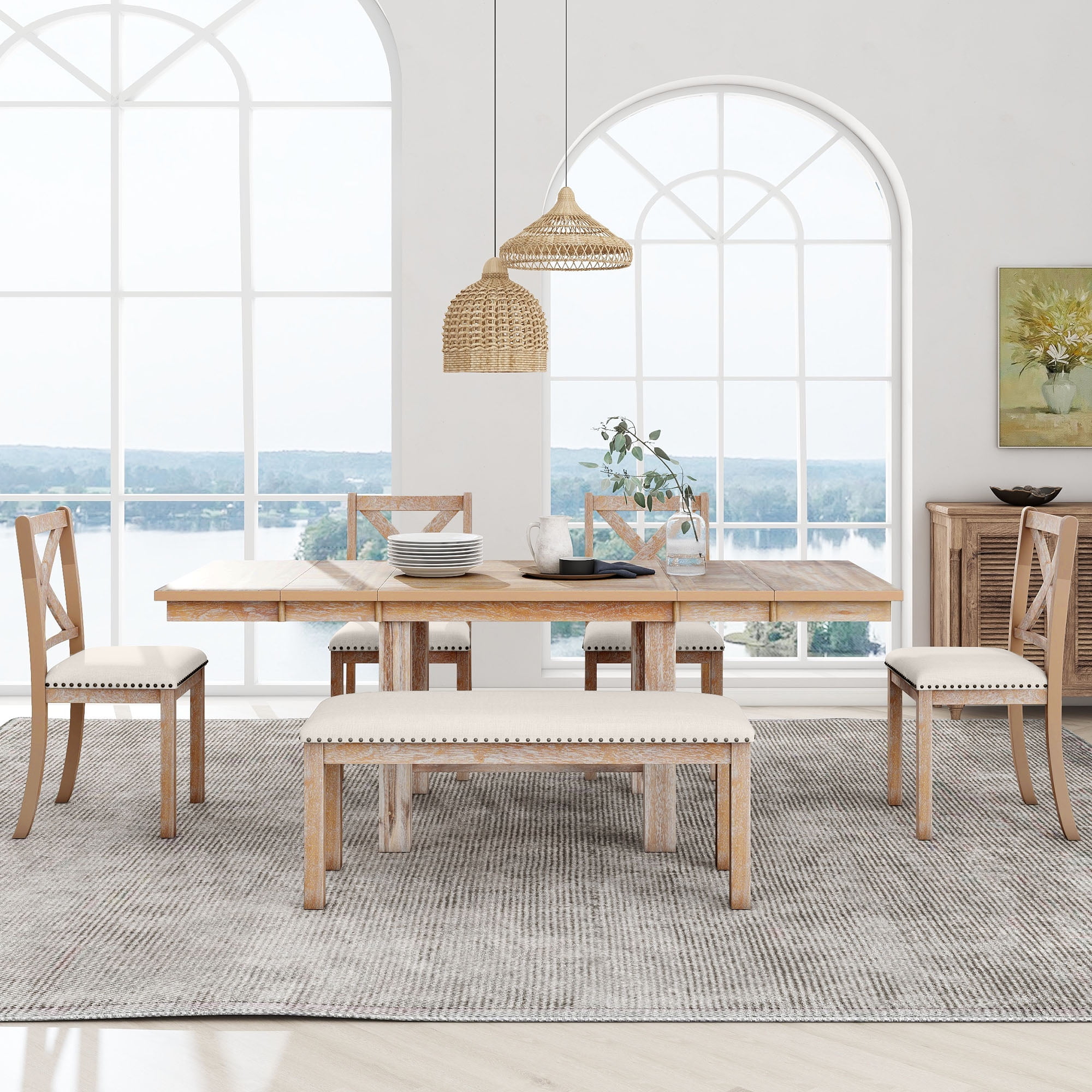 Farmhouse 82inch 6-Piece Extendable Dining Table with Footrest, 4 ...