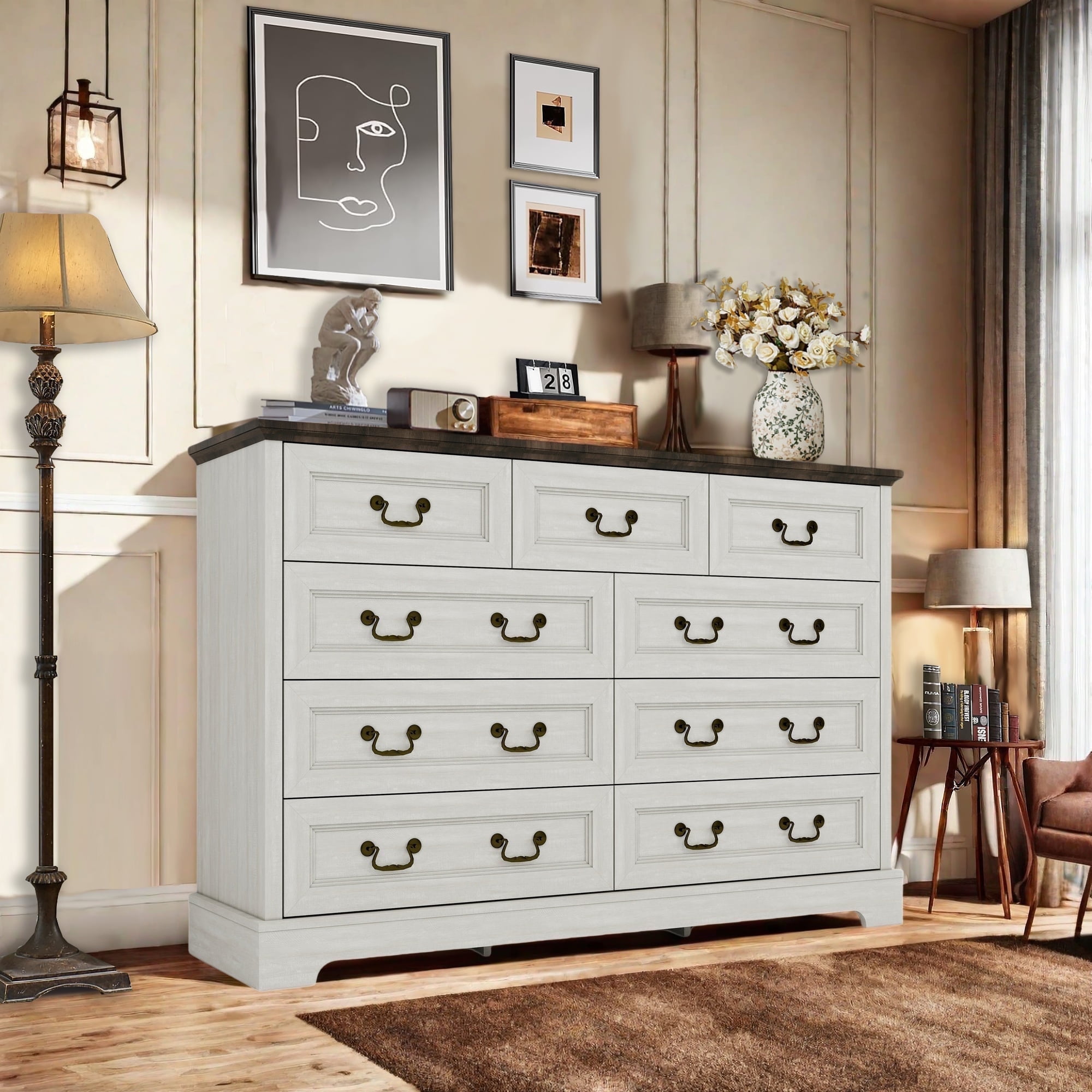 Farmhouse Drawer Dresser With 9 Storage 55.1W Dresser Of Chest For ...