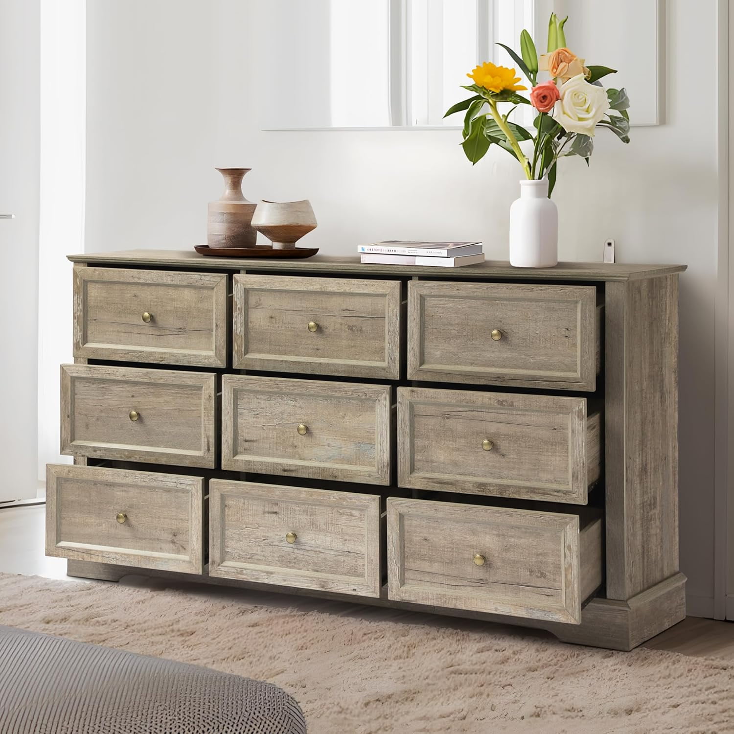Farmhouse 9 Drawers Dresser, 57.9" Wide Modern Wood Rustic, Chest ...