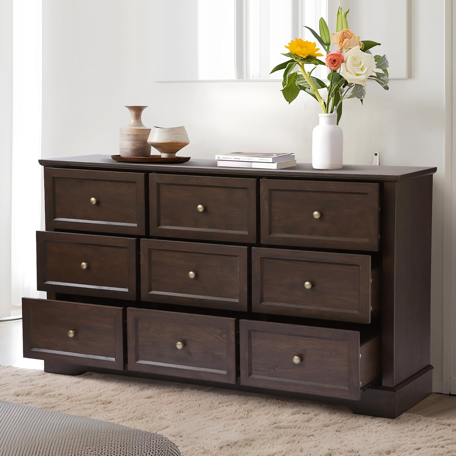 Farmhouse 9 Drawers Dresser, 57.9" Wide Modern Wood Rustic, Chest ...