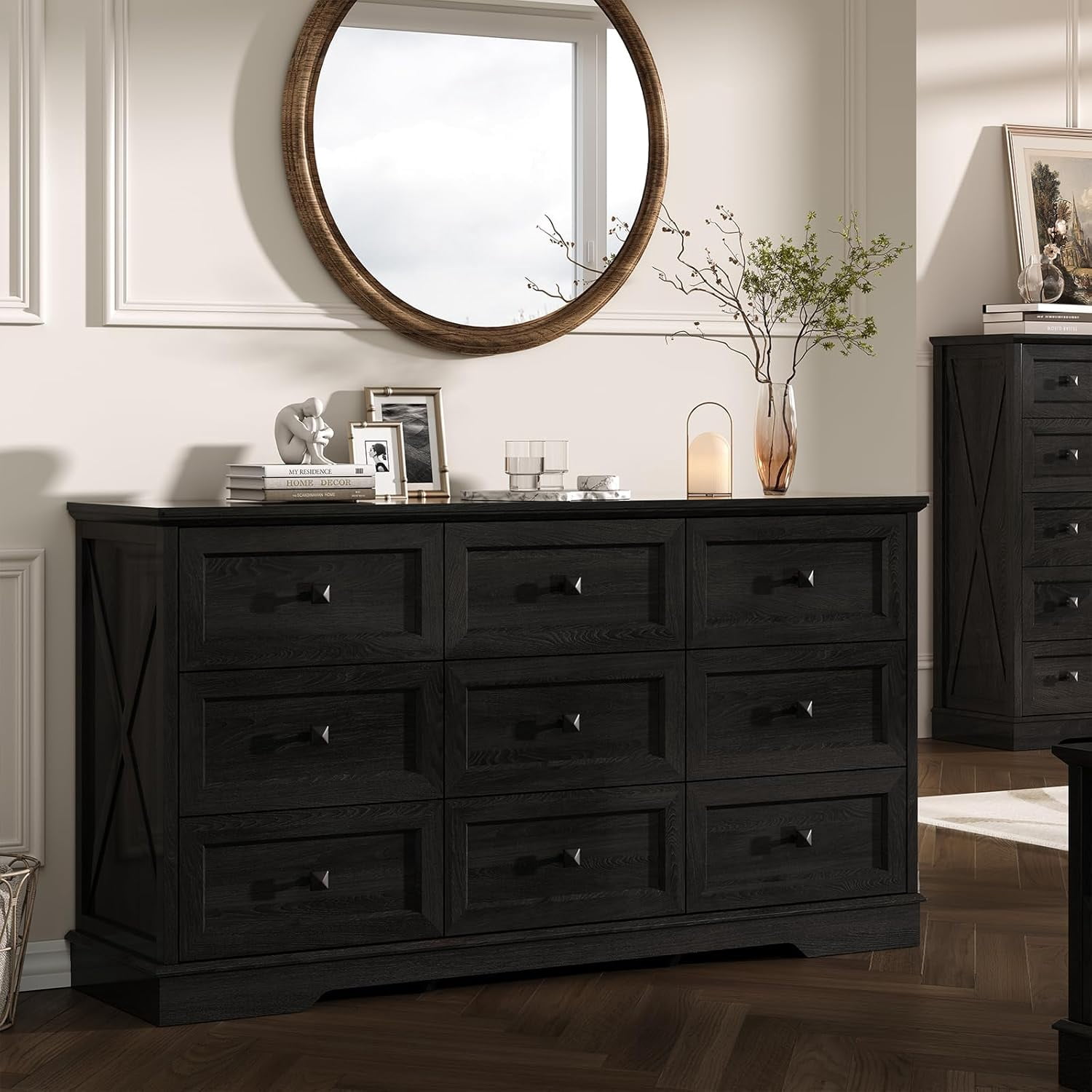 Farmhouse 9 Drawers Dresser Chests for Bedroom, Black 9 Drawers TV ...