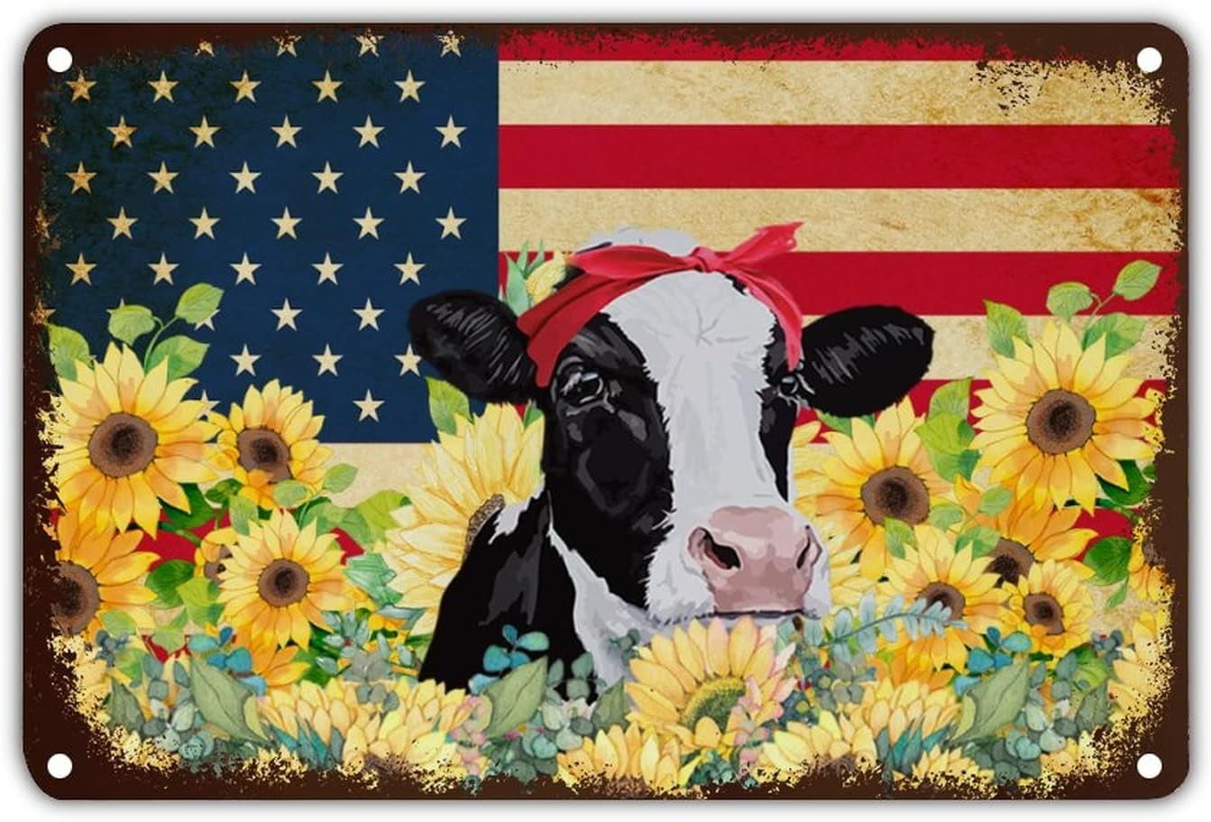Farmhouse American Flag Metal Tin Signs Sunflower Flower Farm Cow Wall ...