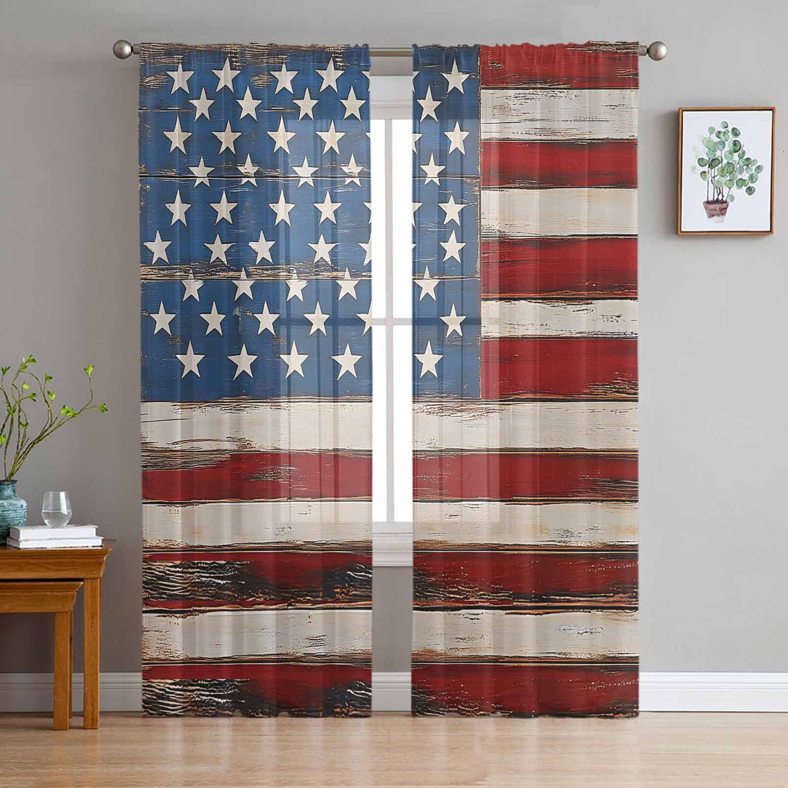 Farmhouse American Flag Sheer Curtains 108 Inch Length 2 Panels Set for ...
